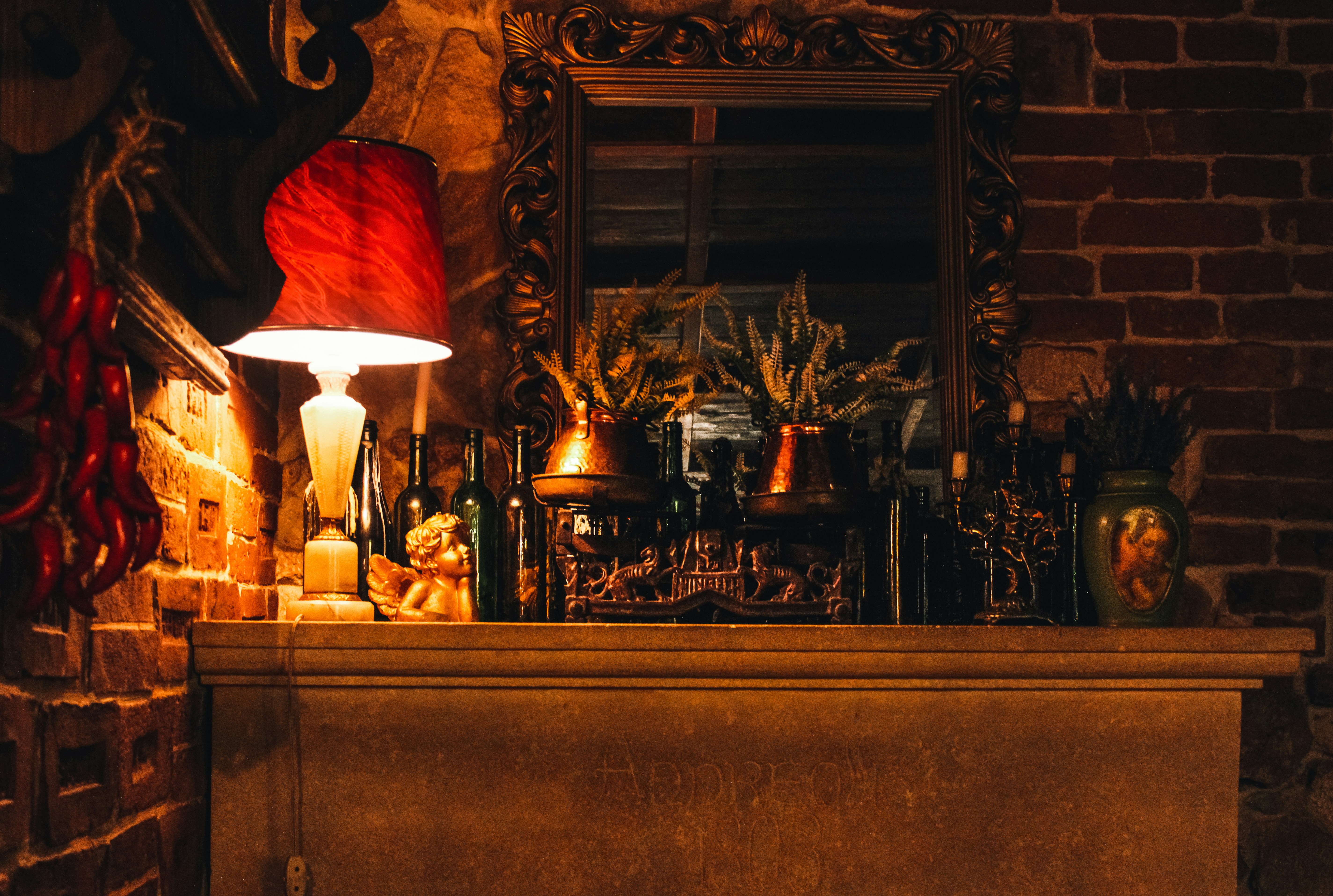 Warm Glass & Brick Nook: Ambience Behind the Mantel