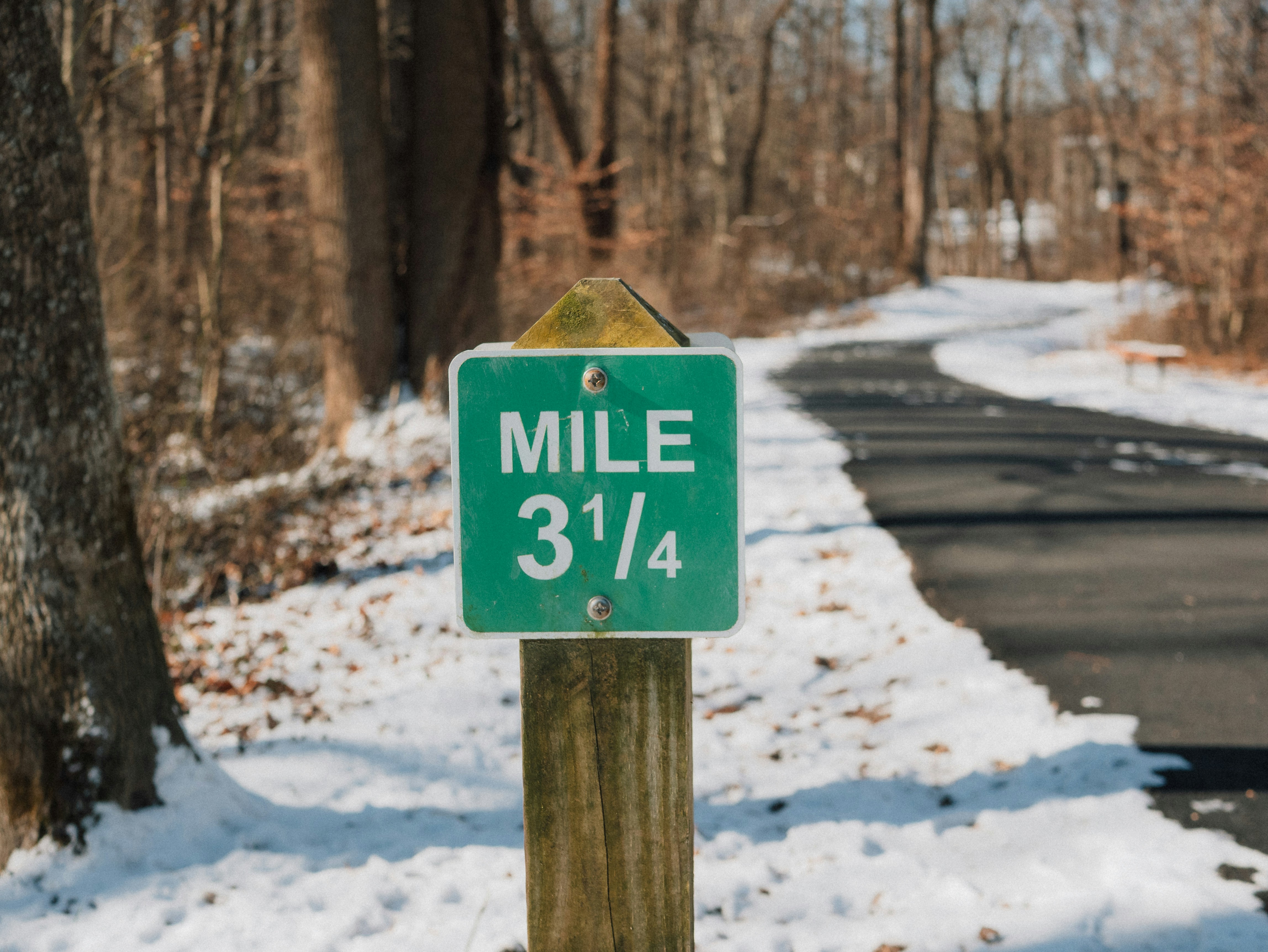 Green Mile Marker on Snowy Riverside Trail