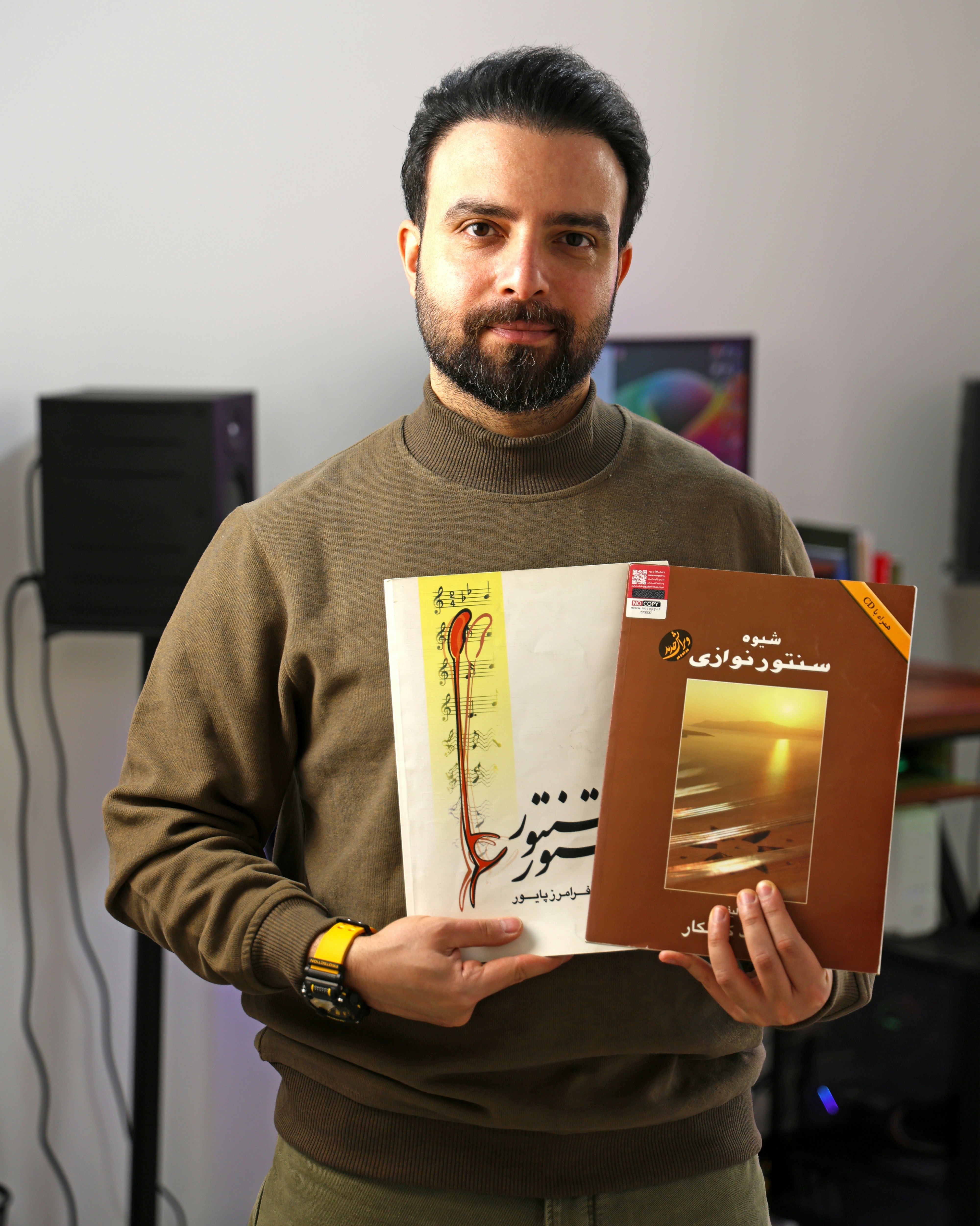 Book-bearing Portrait: A Confident Presenter in a Cozy Tech Studio
