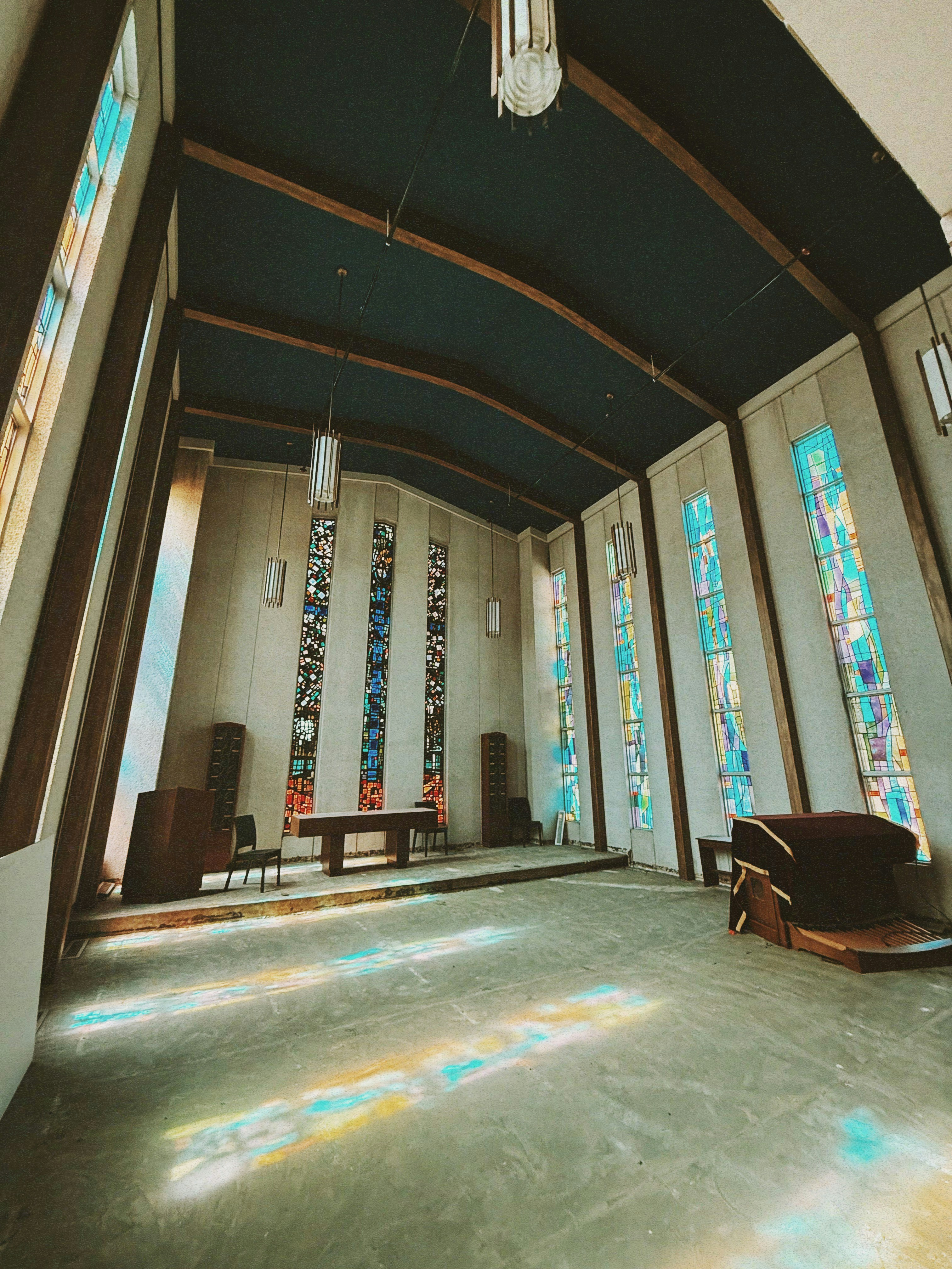 Silent Chapel: Stained Light Along the Aisle