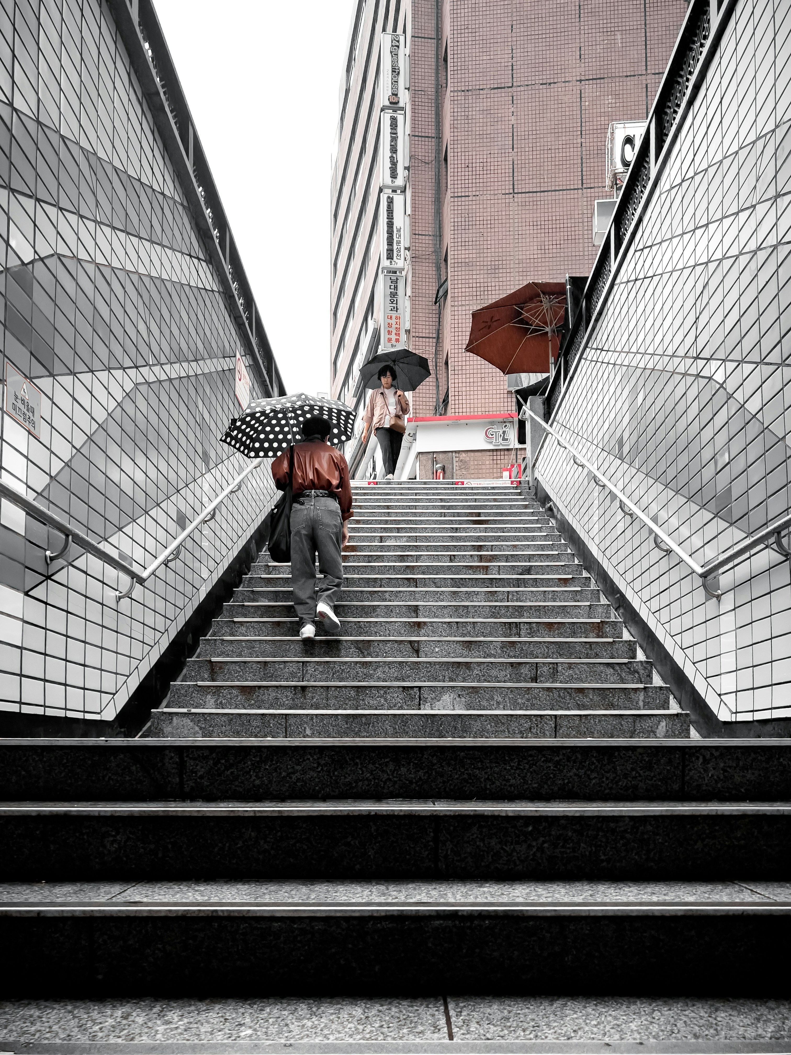 Ascending Steps of City Rain: Umbrellas and Converging Lines
