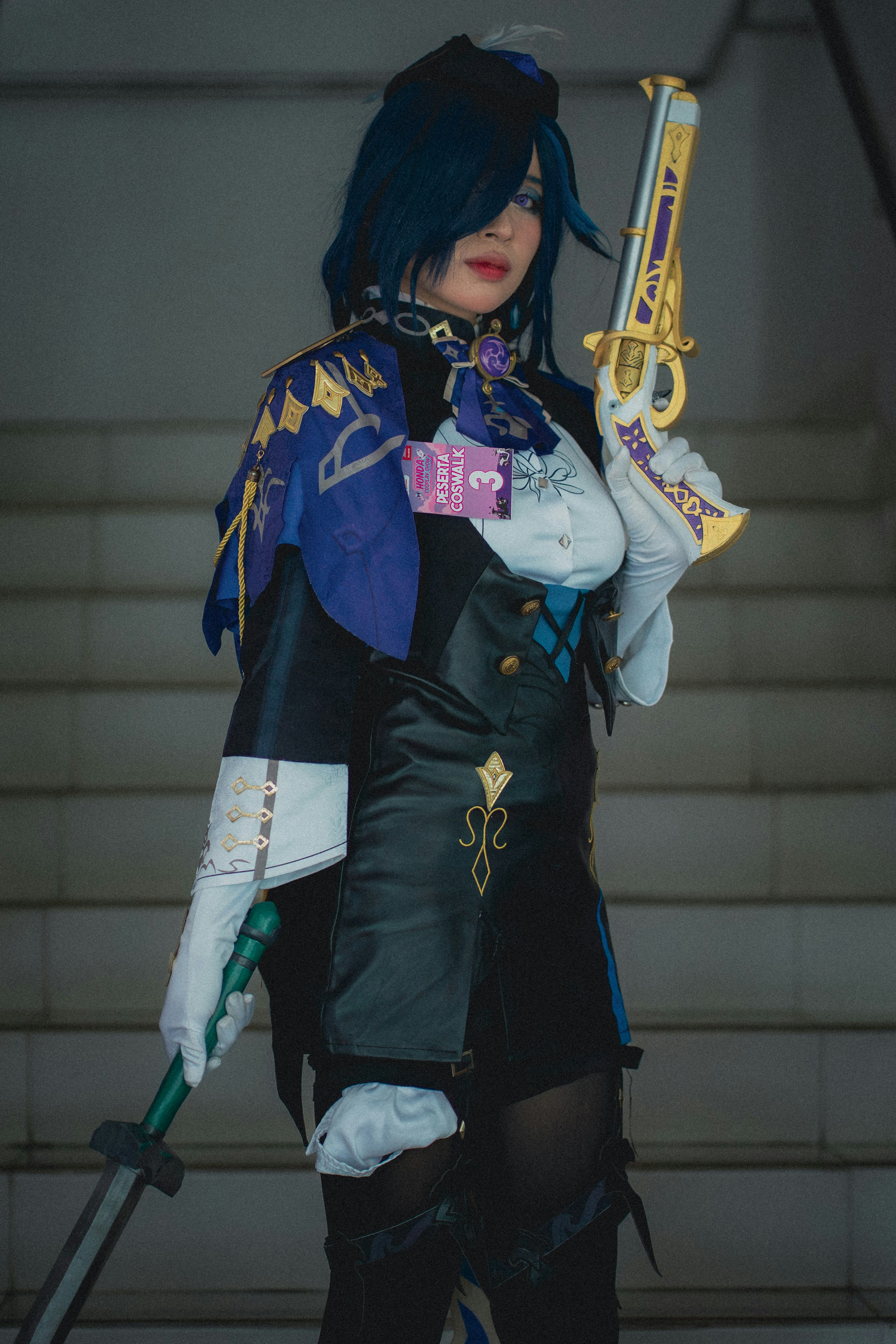 Blue-haired swordswoman in ceremonial armor poses on steps with sword raised