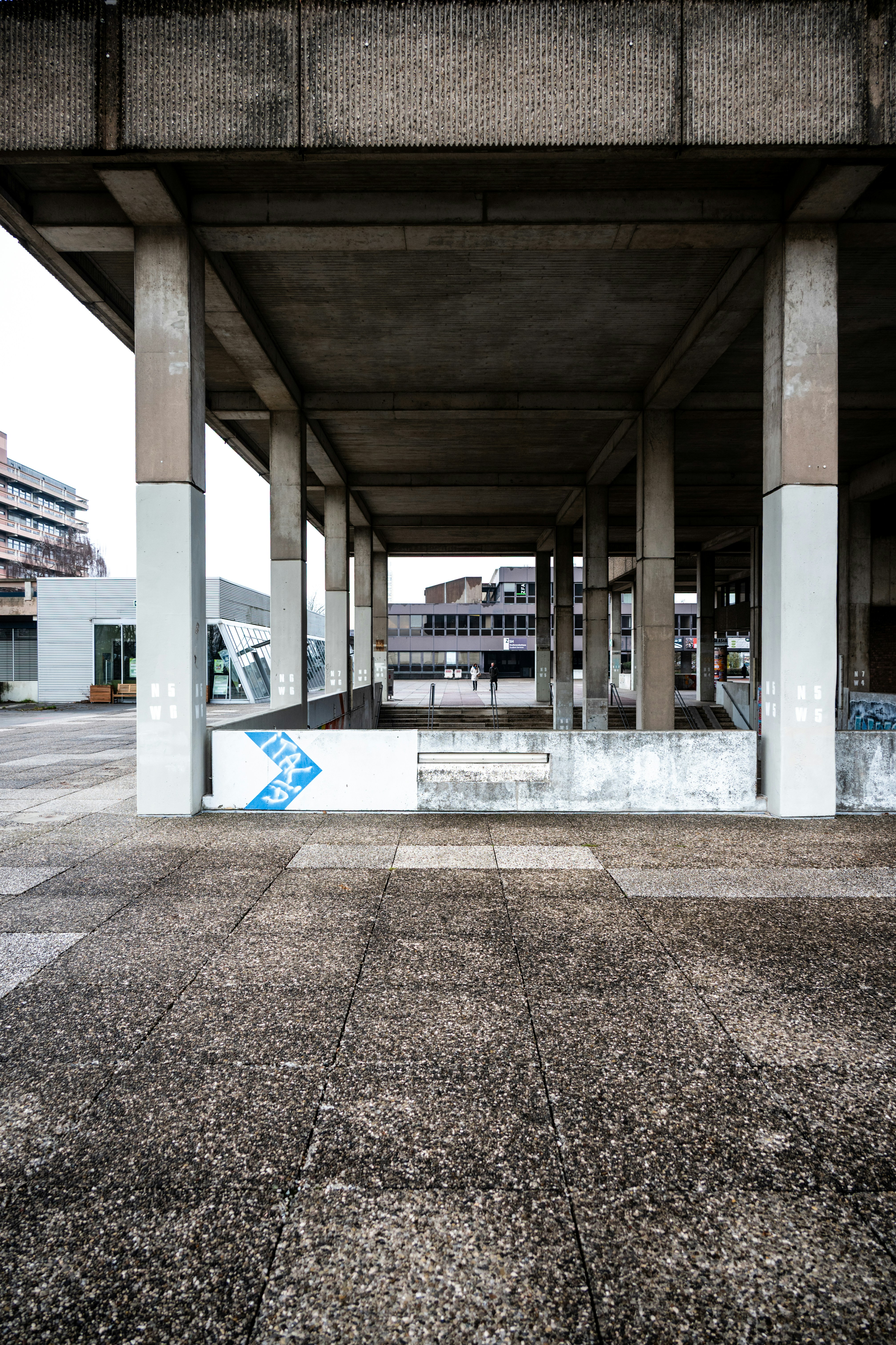 Symmetrical Concrete Corridor Under a Ring of Columns