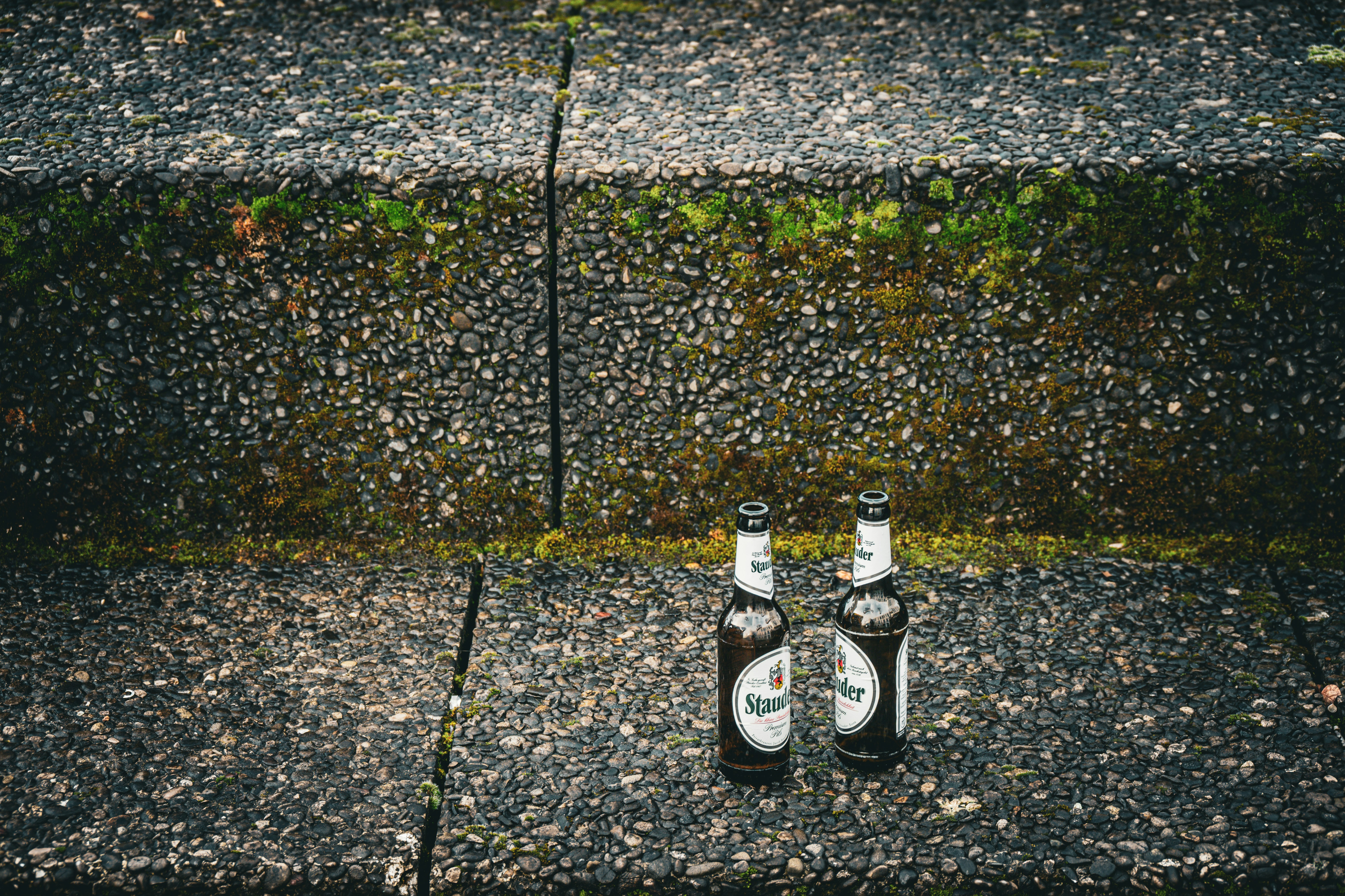 Two Bottles on Mossy Concrete Steps