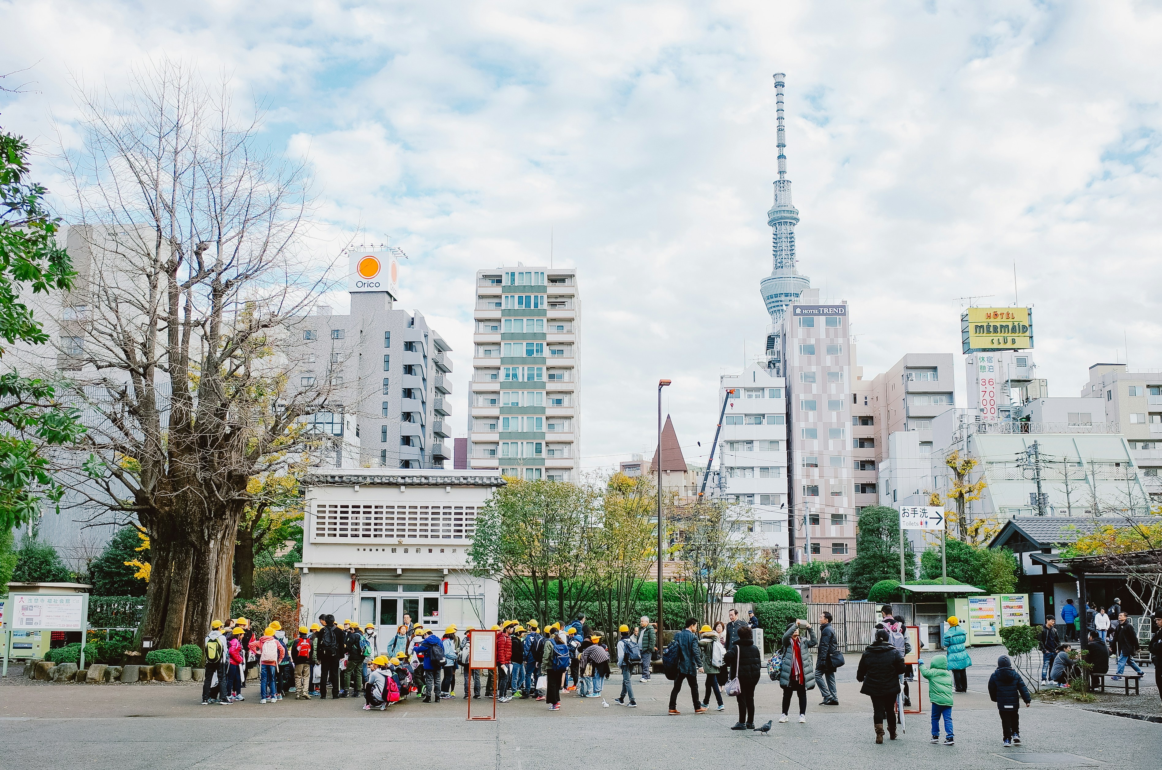 Crowd at a City Square with Tokyo Skytree Rising Above