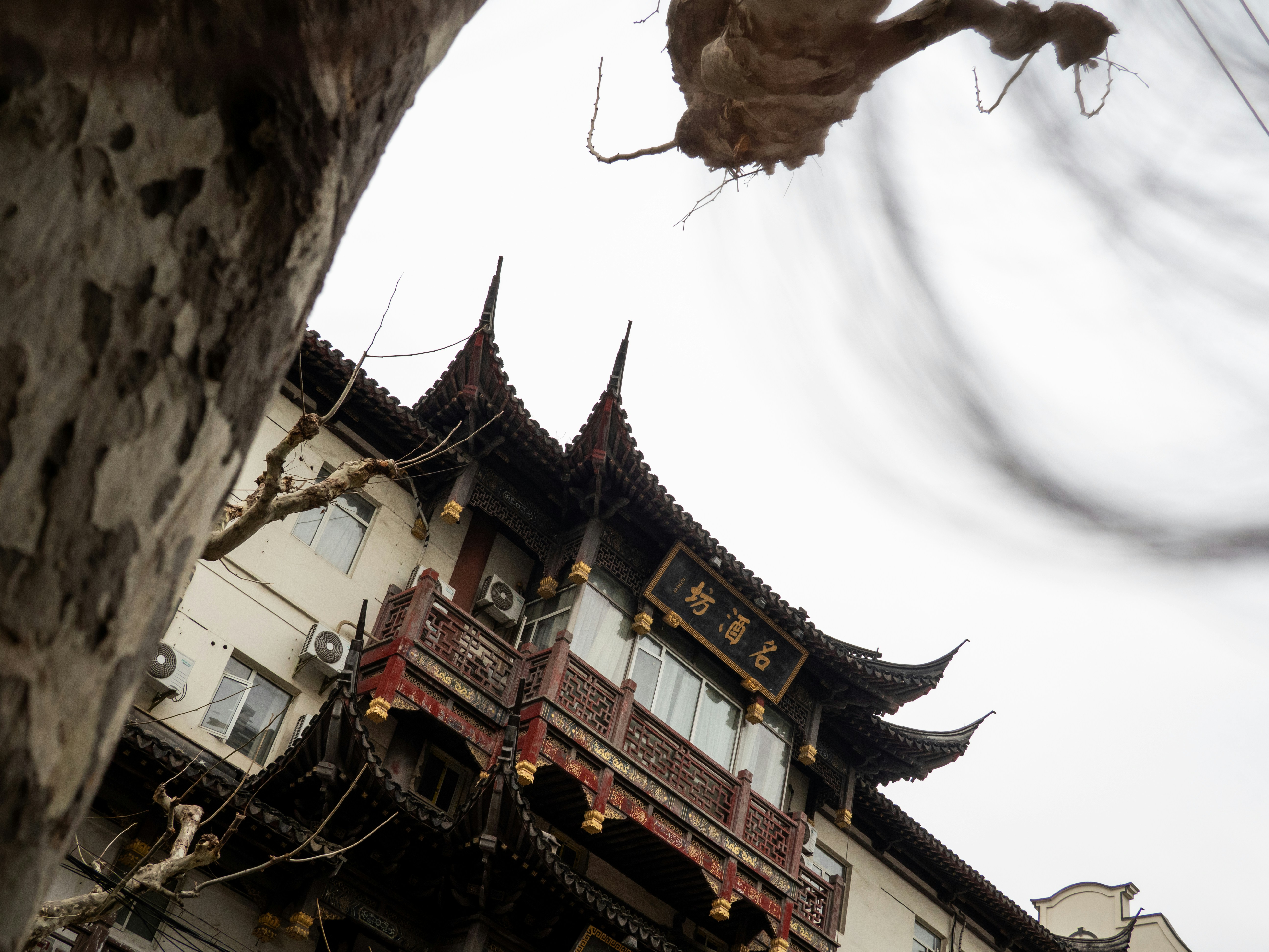 Temple Rooftops Framed by a Weathered Alley in Motion