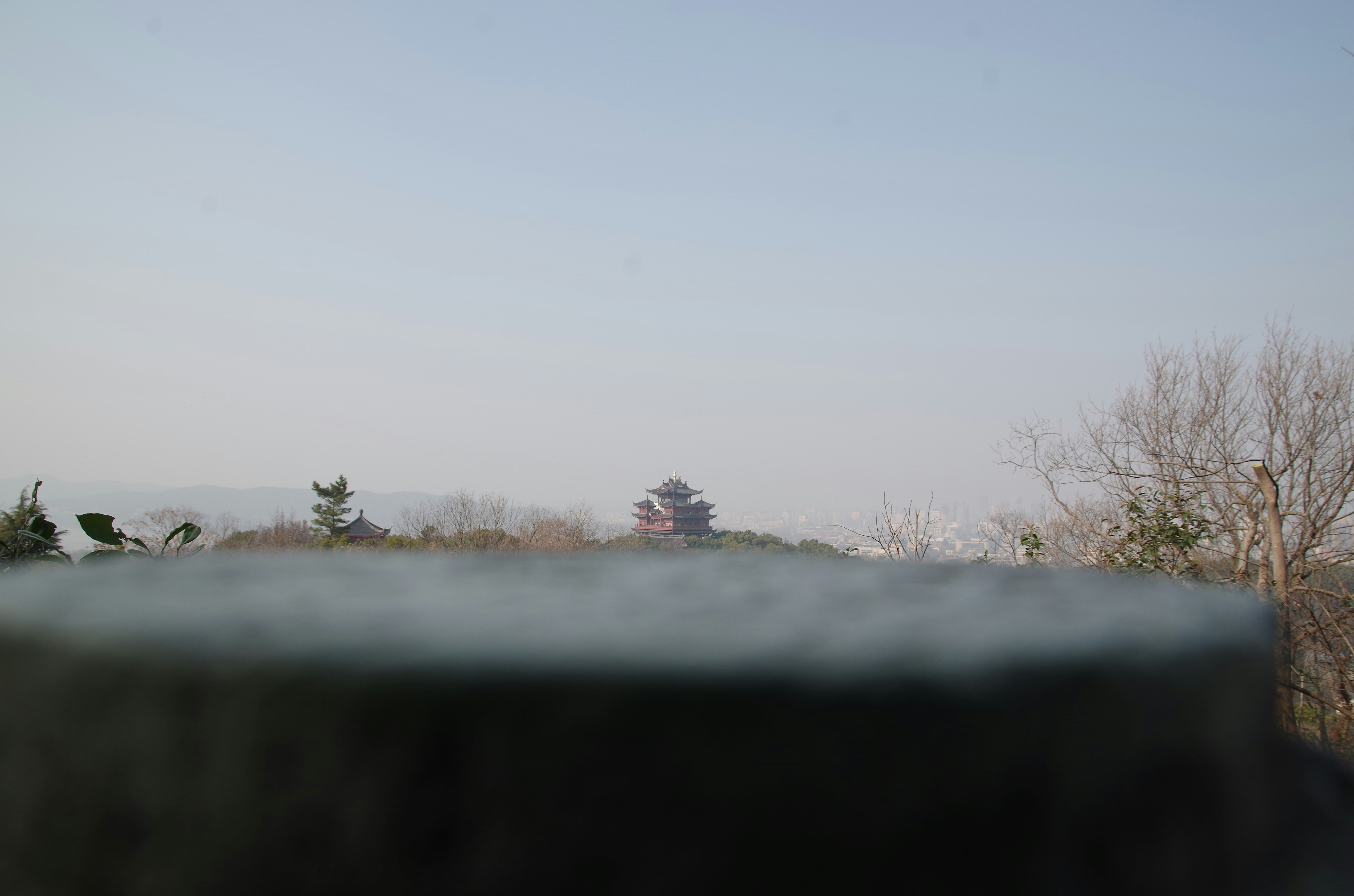 Horizon Row: A distant pagoda peeks over a quiet winter crest