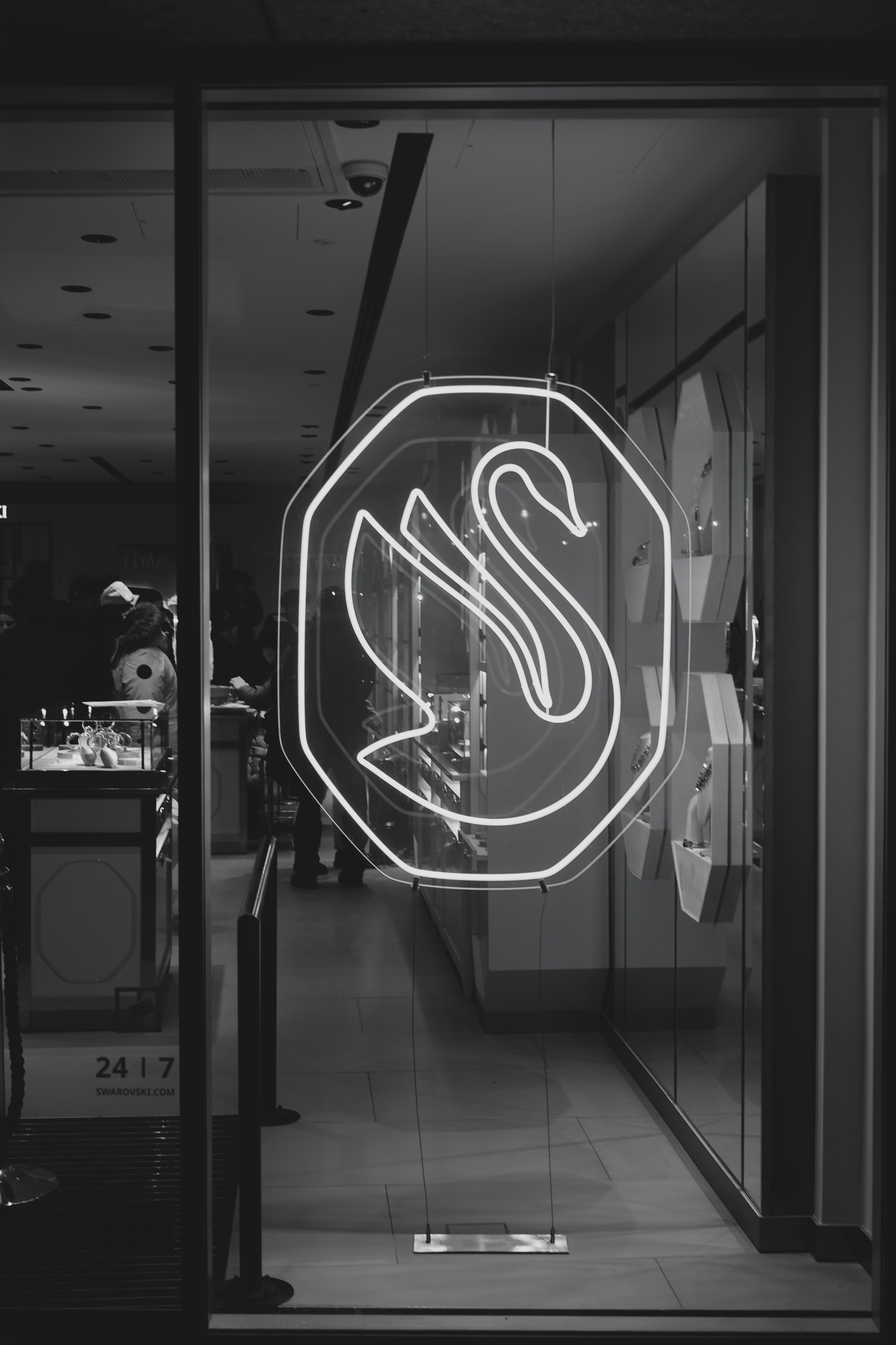 Neon Swan in a Glass Box: A Monochrome Mall Moment