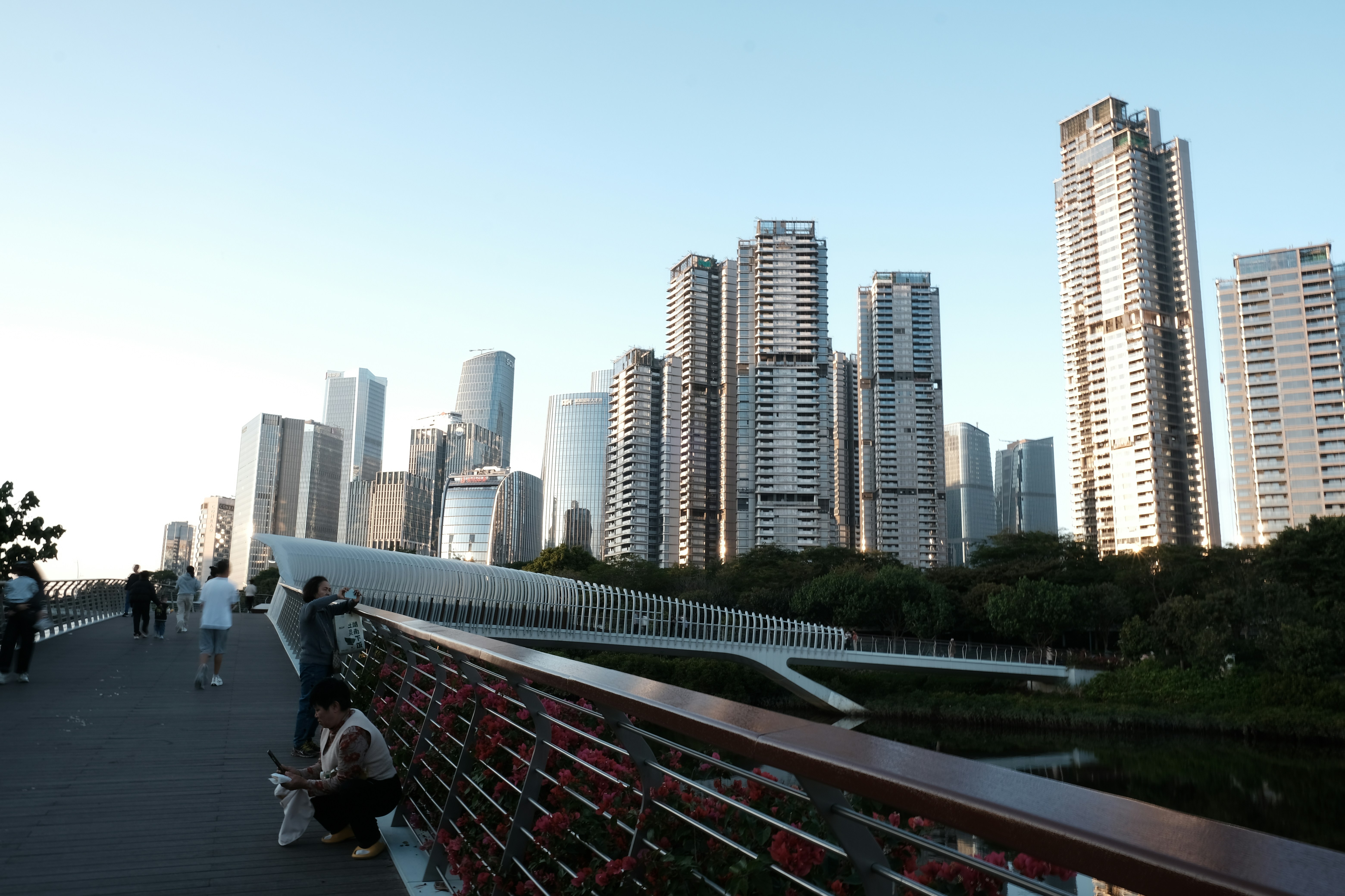 Cityscape Walkway: A Skyline Framed by a Riverside Pedestrian Bridge