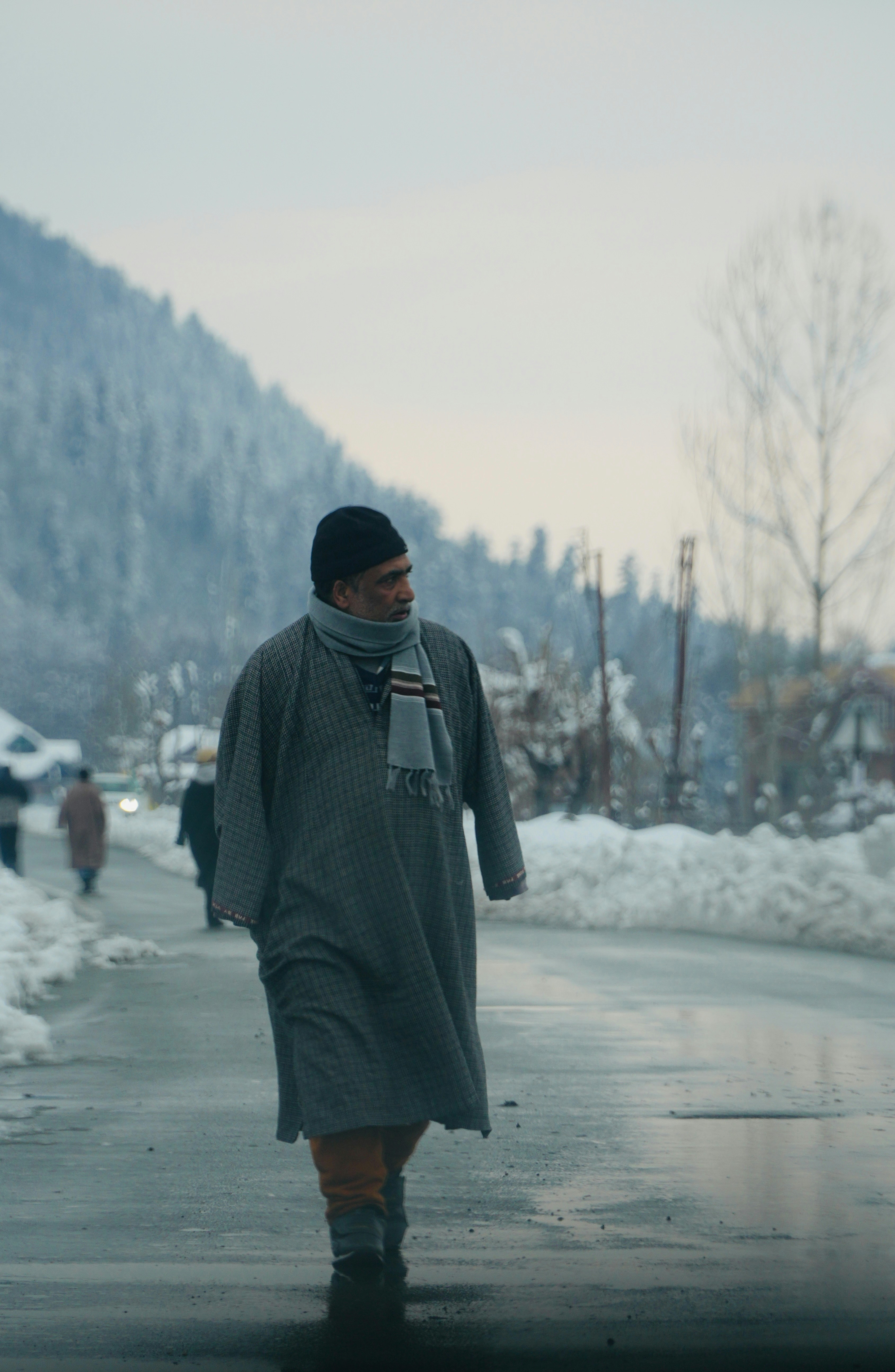 Winter Stroll: A Lone Figure Trudging Down a Snow-Couched Street