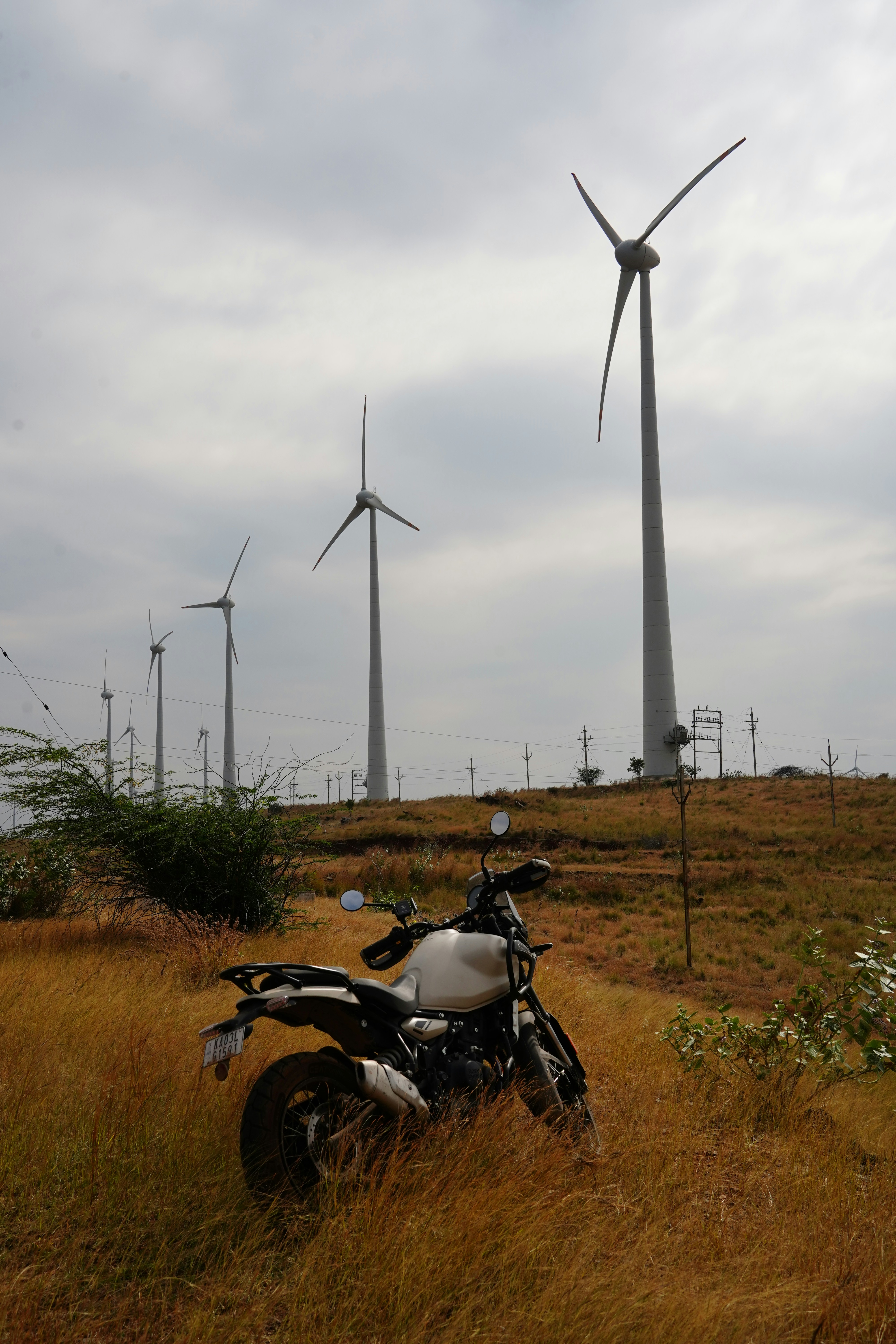 Mechanical Sentinel: Wind Turbines and a Motorcycle Amid Golden Grasses