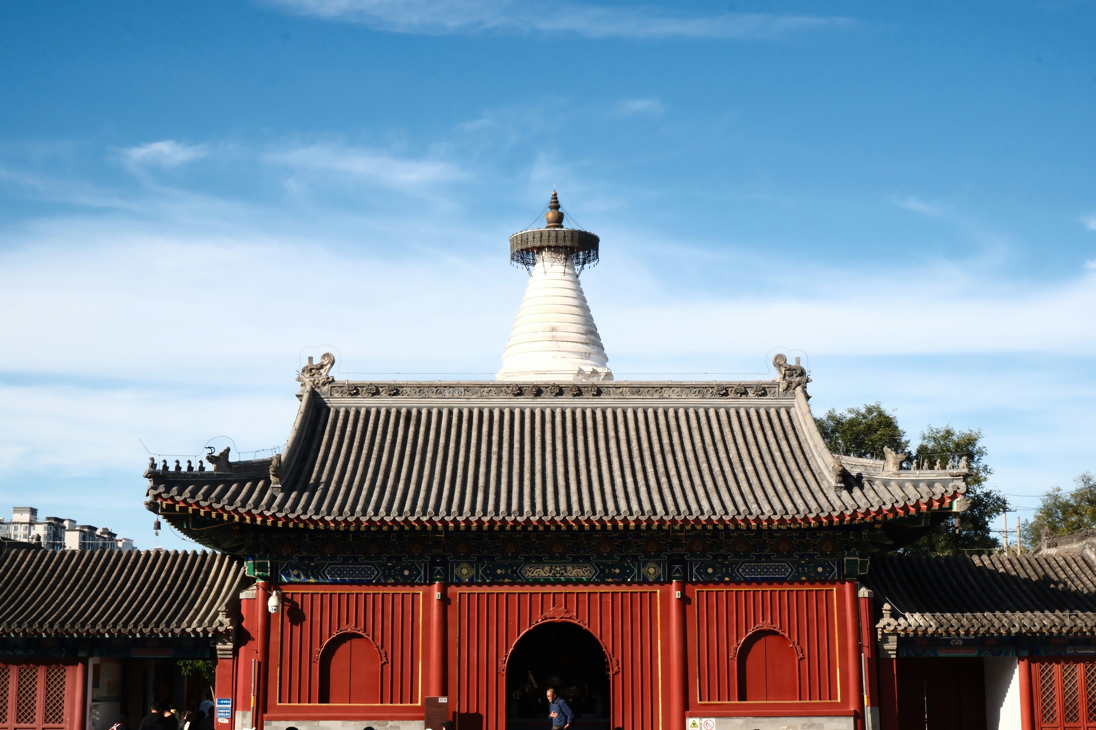 Temple Gate under a Towering Pagoda: Red Walls, Blue Sky