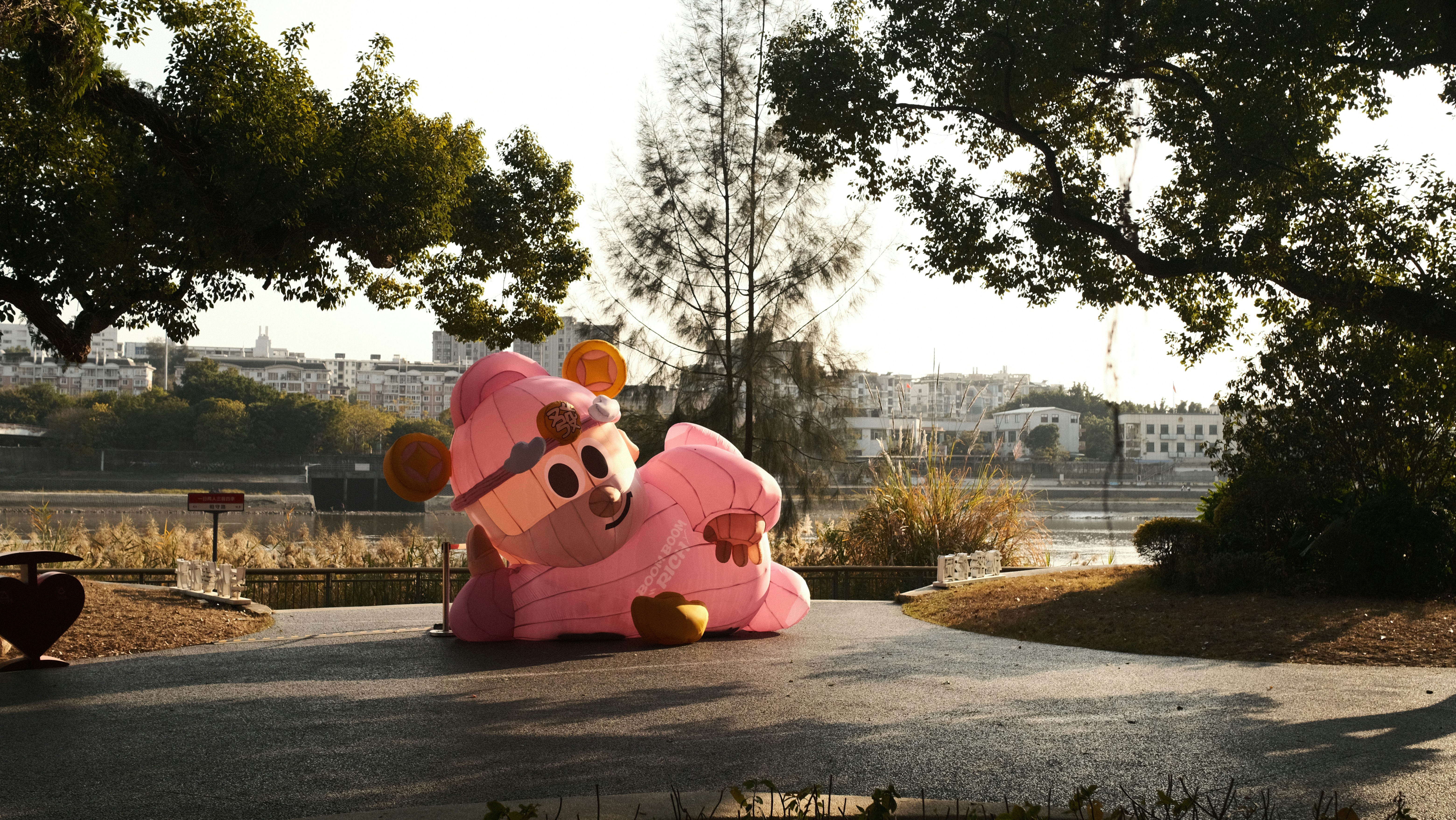 Piecing Together Playtime: Pink Balloon Pals in a Quiet Park