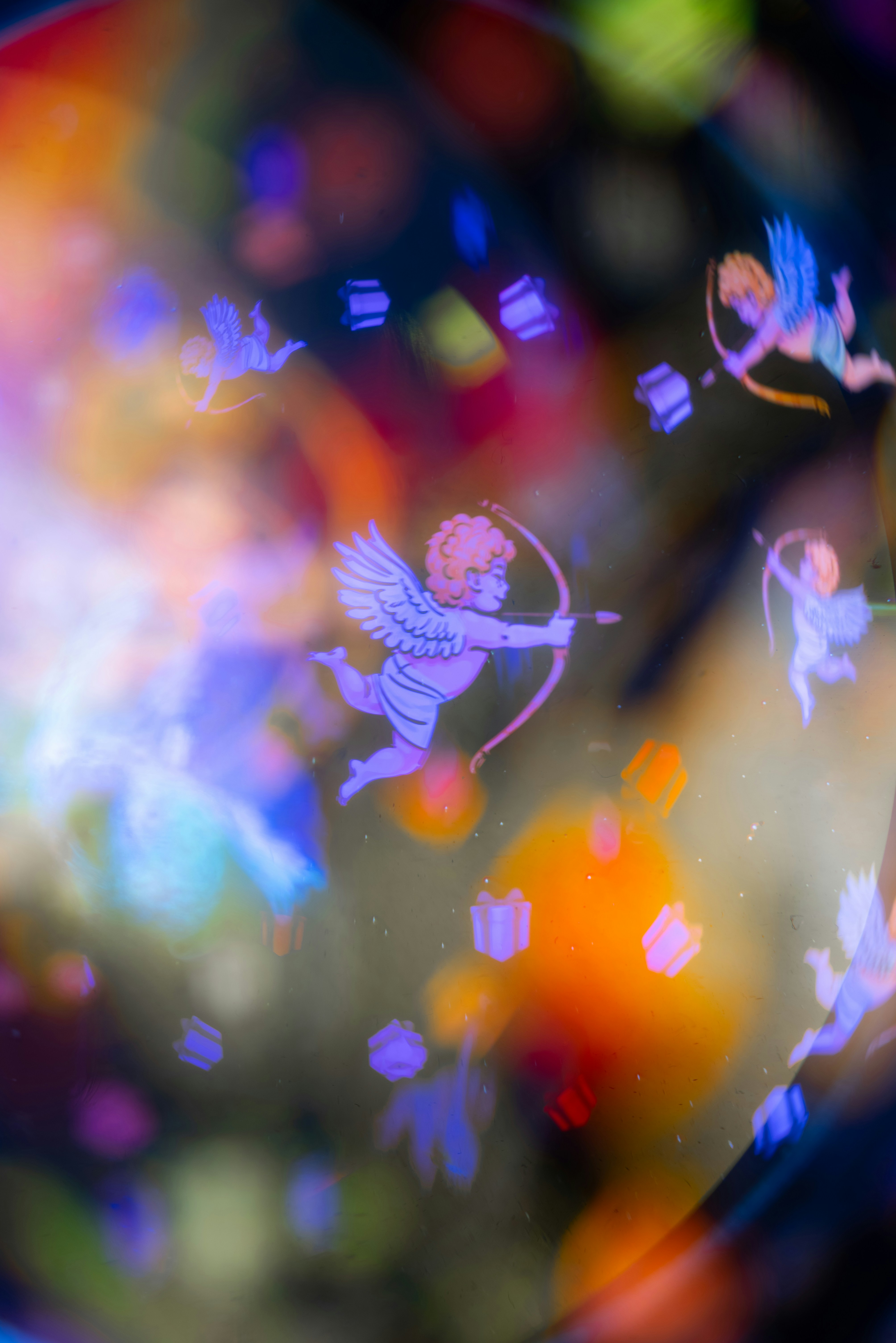 Floating Cherubs and Neon Bokeh: A Dreamy Lens of Glass and Color