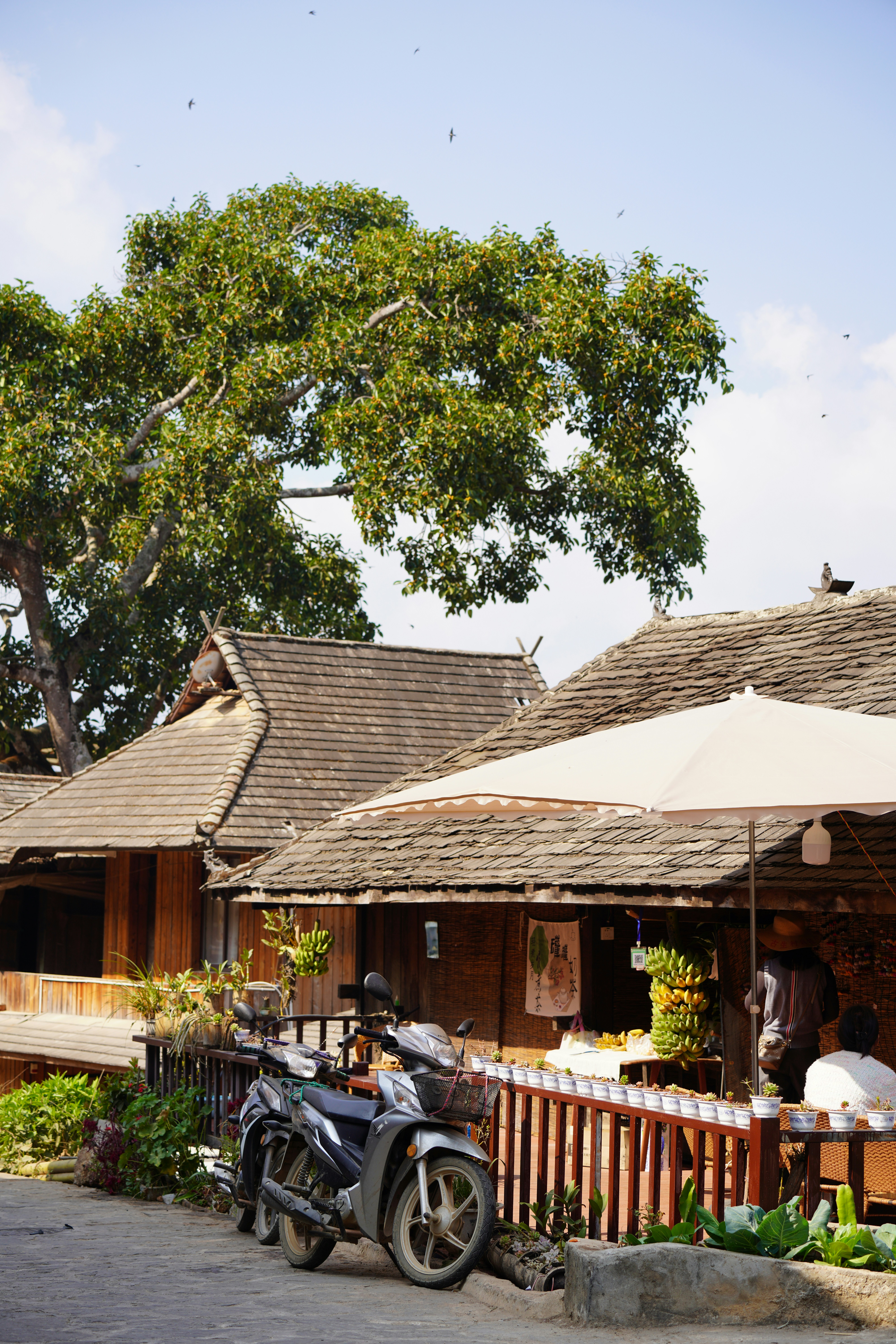 Sunlit Village Café with Motorbike Under a White Umbrella