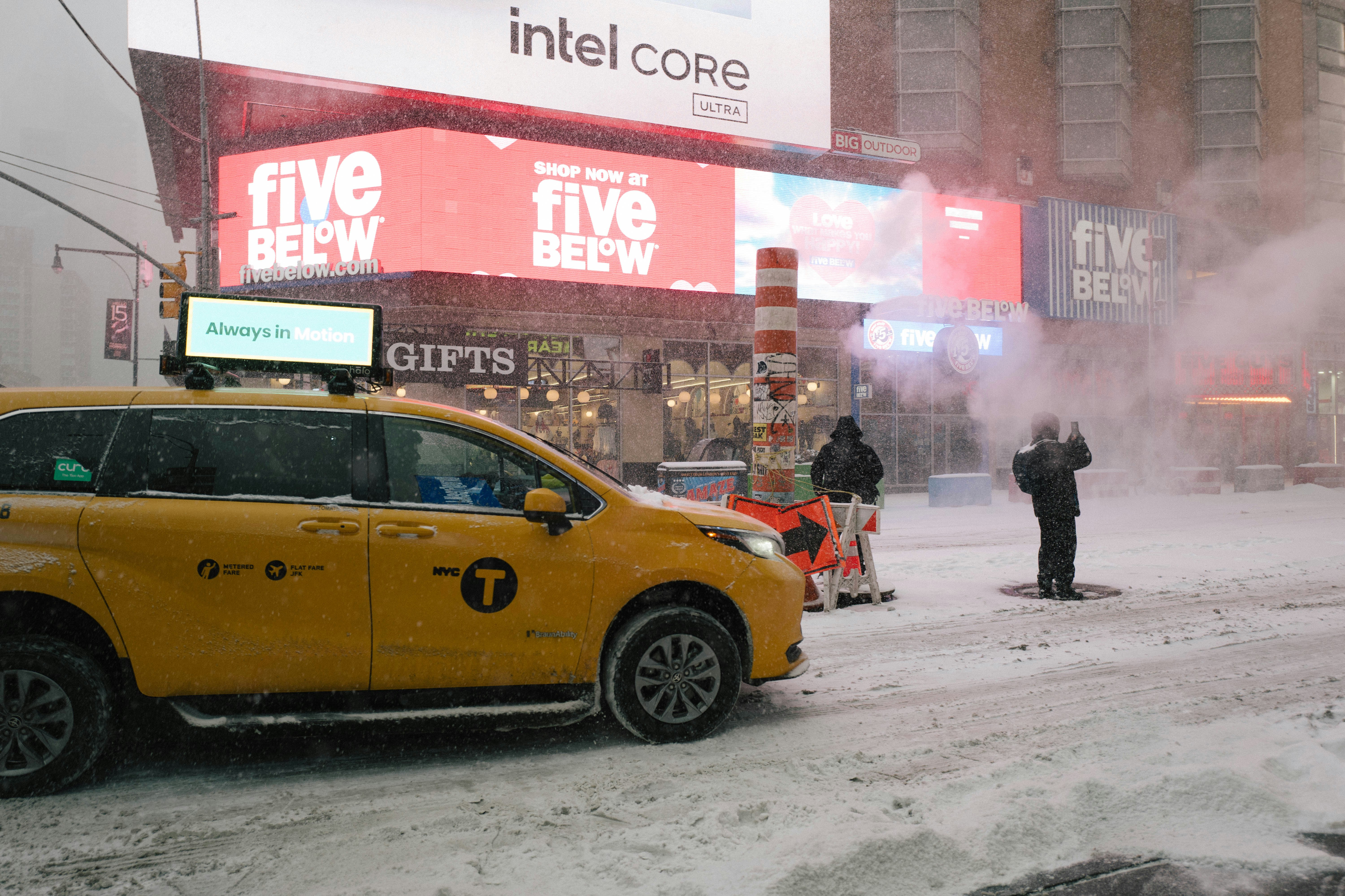 Snowfall and Neon Pulse: A City Taxi Under Steam and Lights