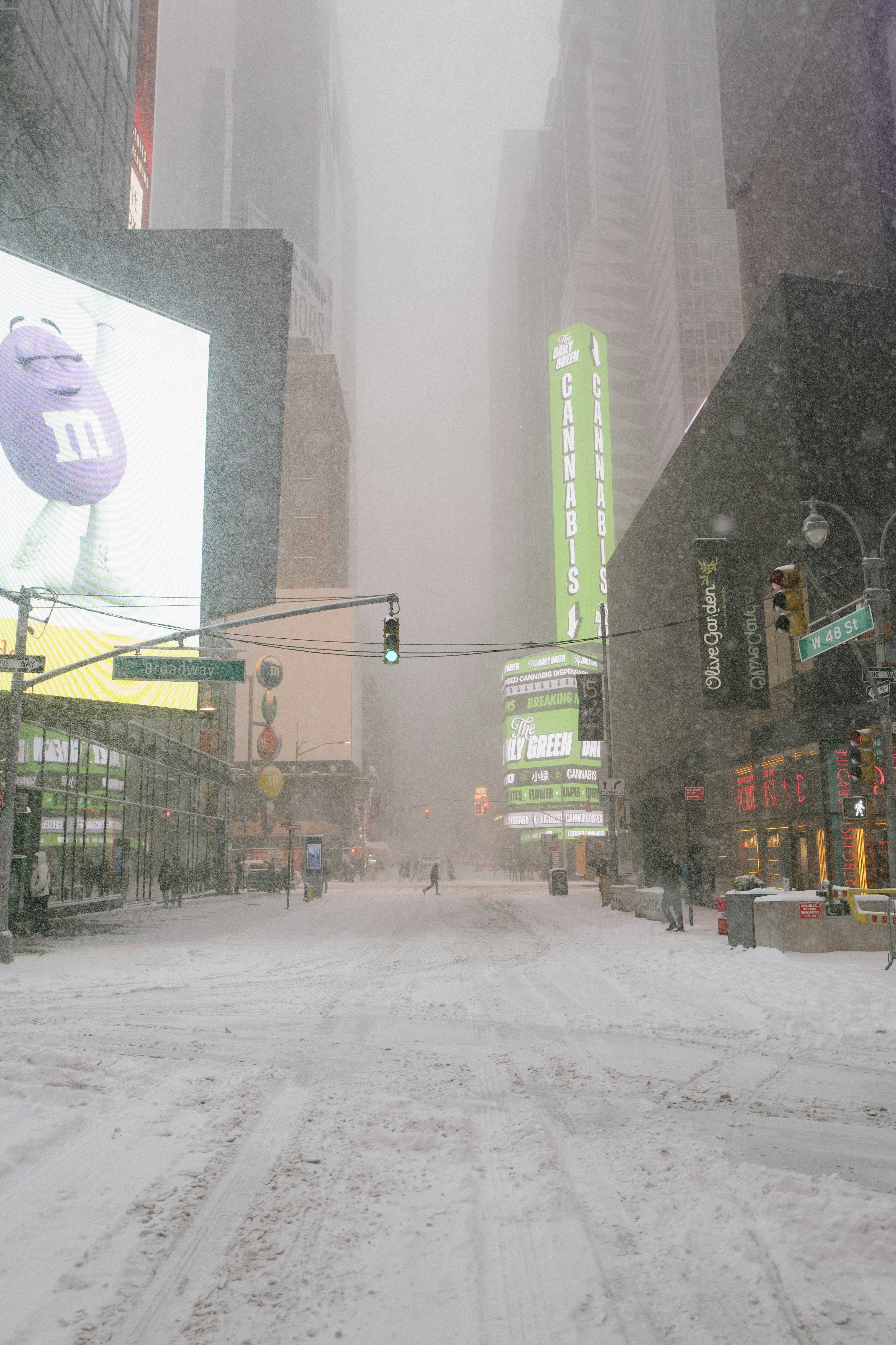 Midtown Snowfall: Neon Light and Pedestrian Quiet