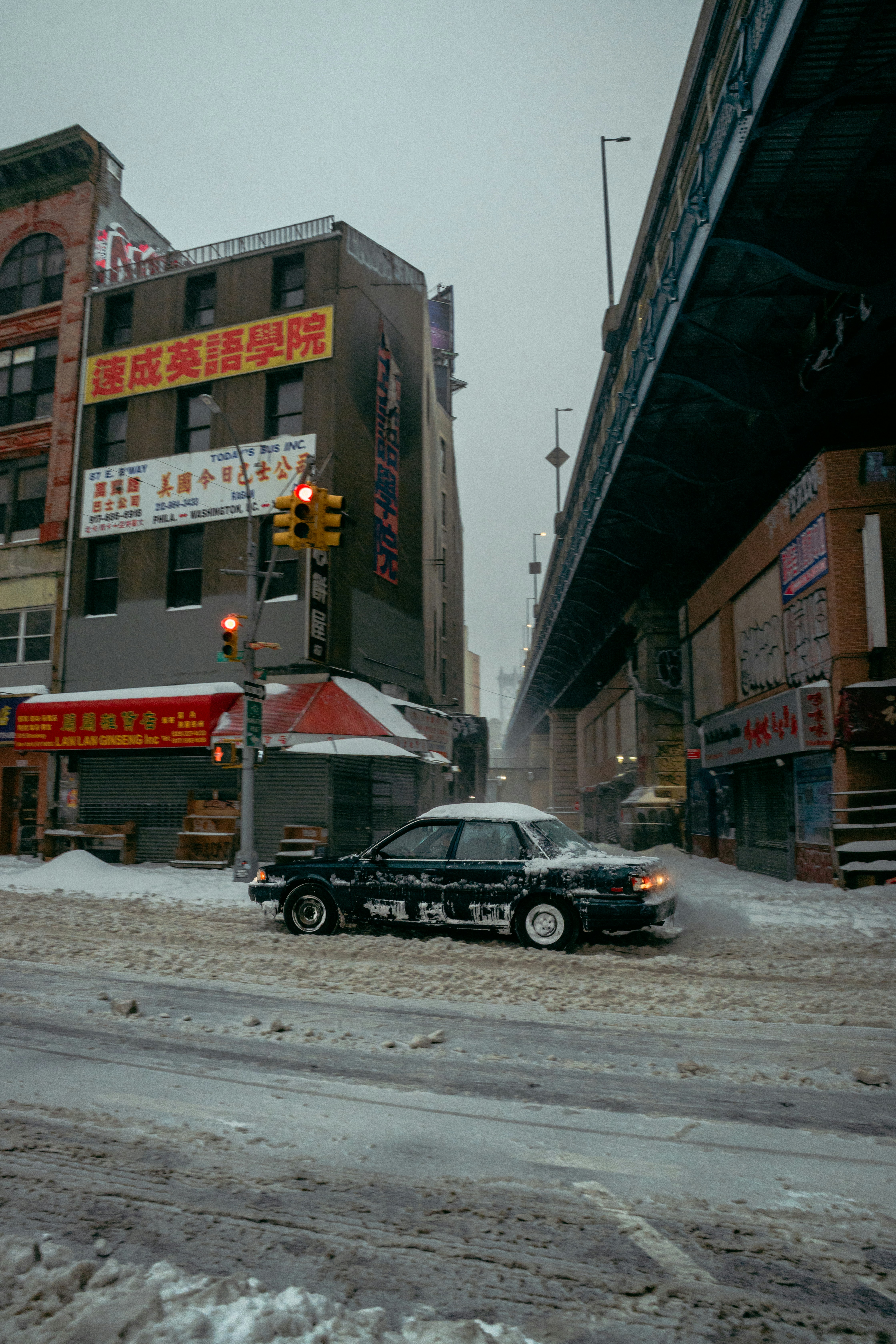 Snowbound City Intersection Under the Elevated Rail
