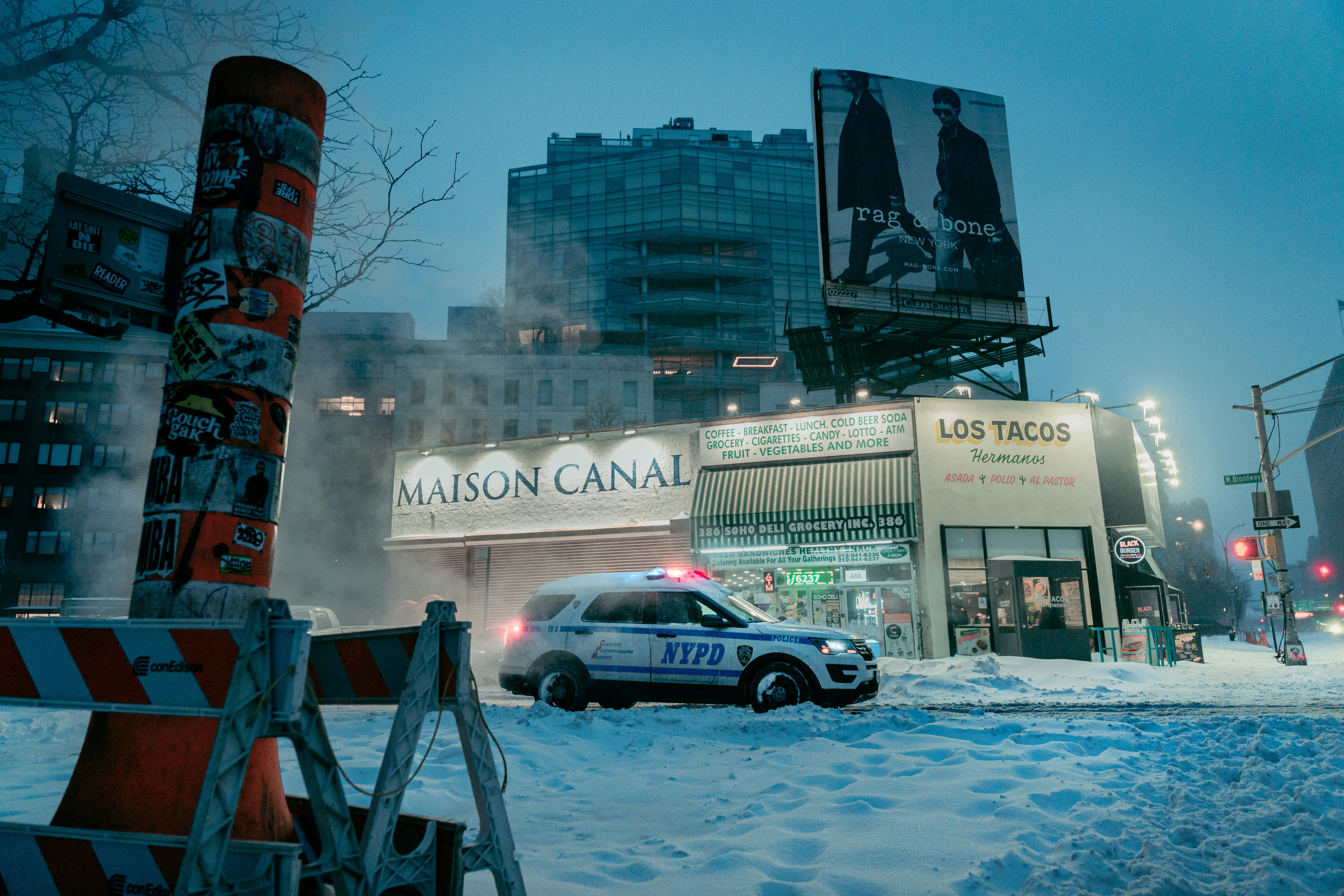Blue Hour Streetfront: NYPD SUV and Maison Canal in Snow