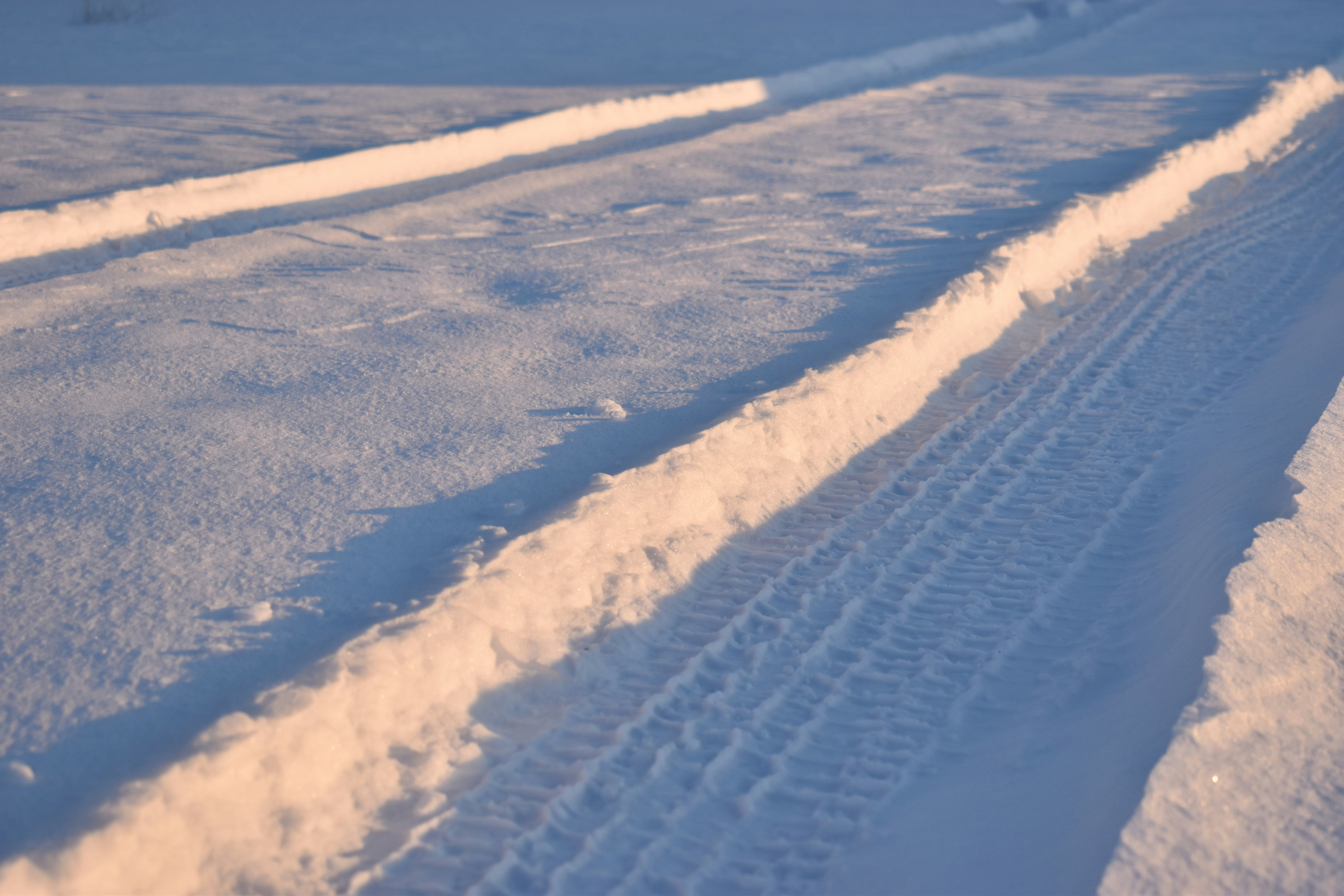 Snowtrack Lines: Parallel Ridges Riding the Evening Light