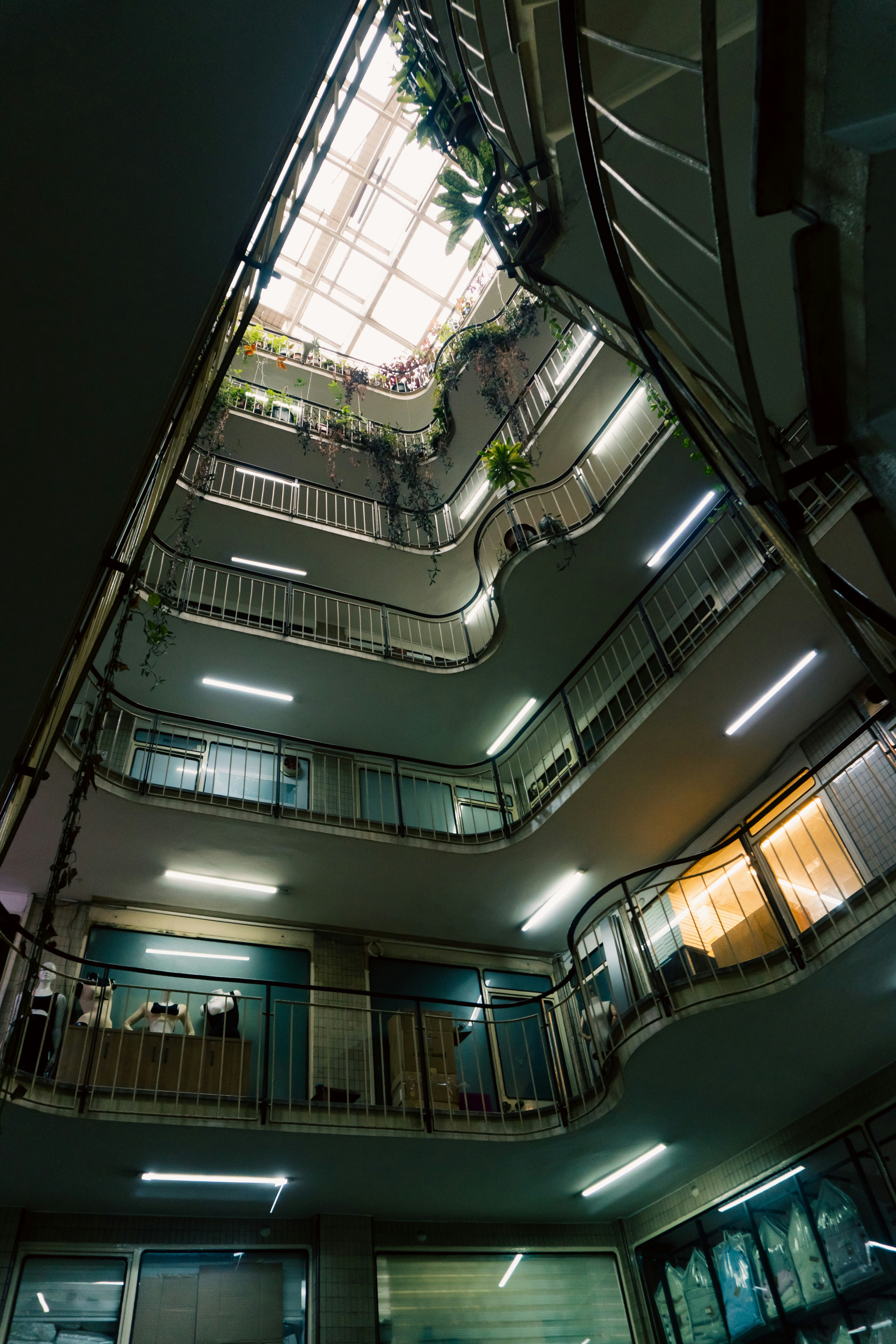 Atrium Spiral: Neon Lines and Greenery in a Multi-Level Gallery