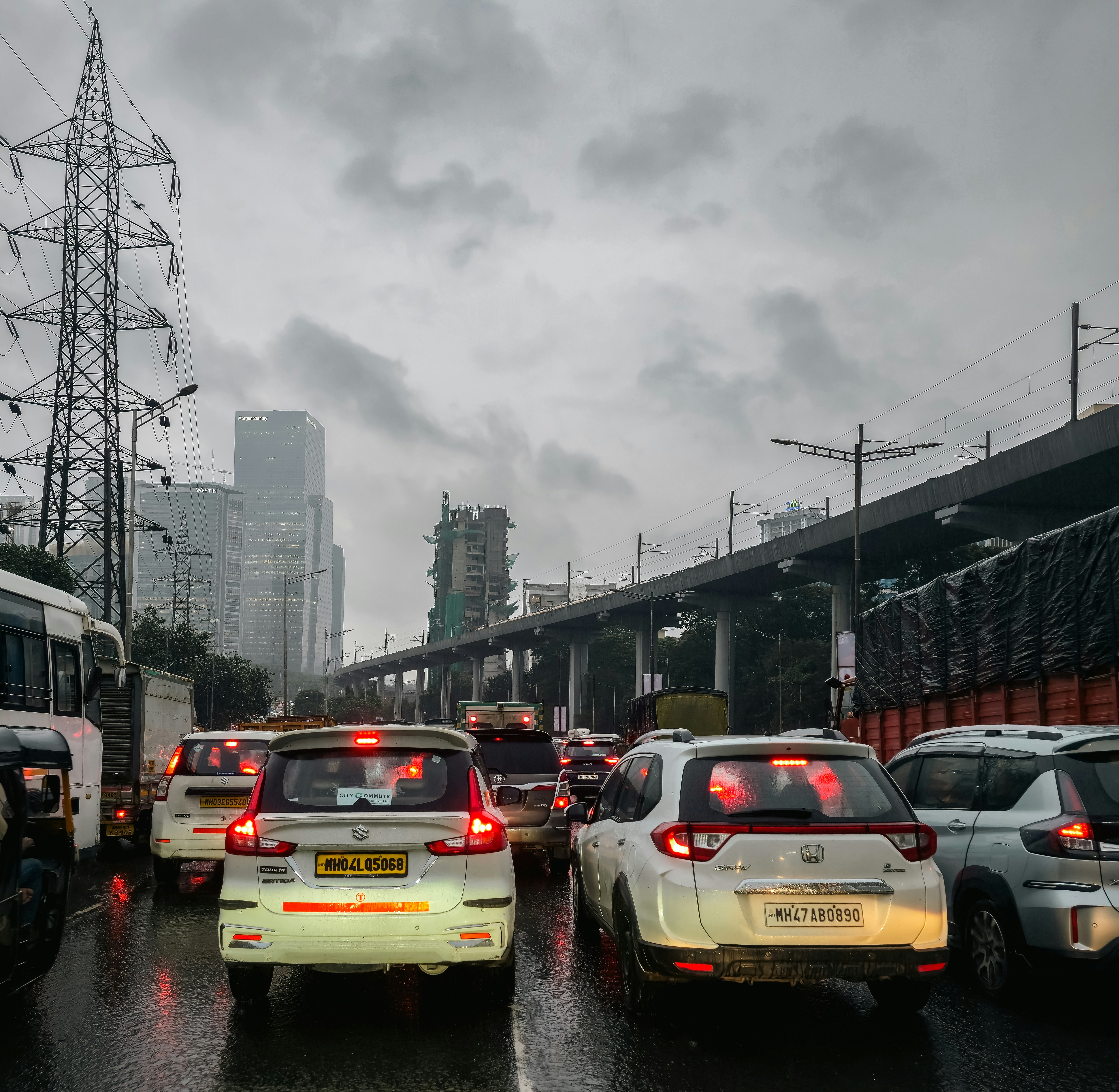 Rush Hour Rain: Terminal Traffic Beneath a Cloudy Skyline