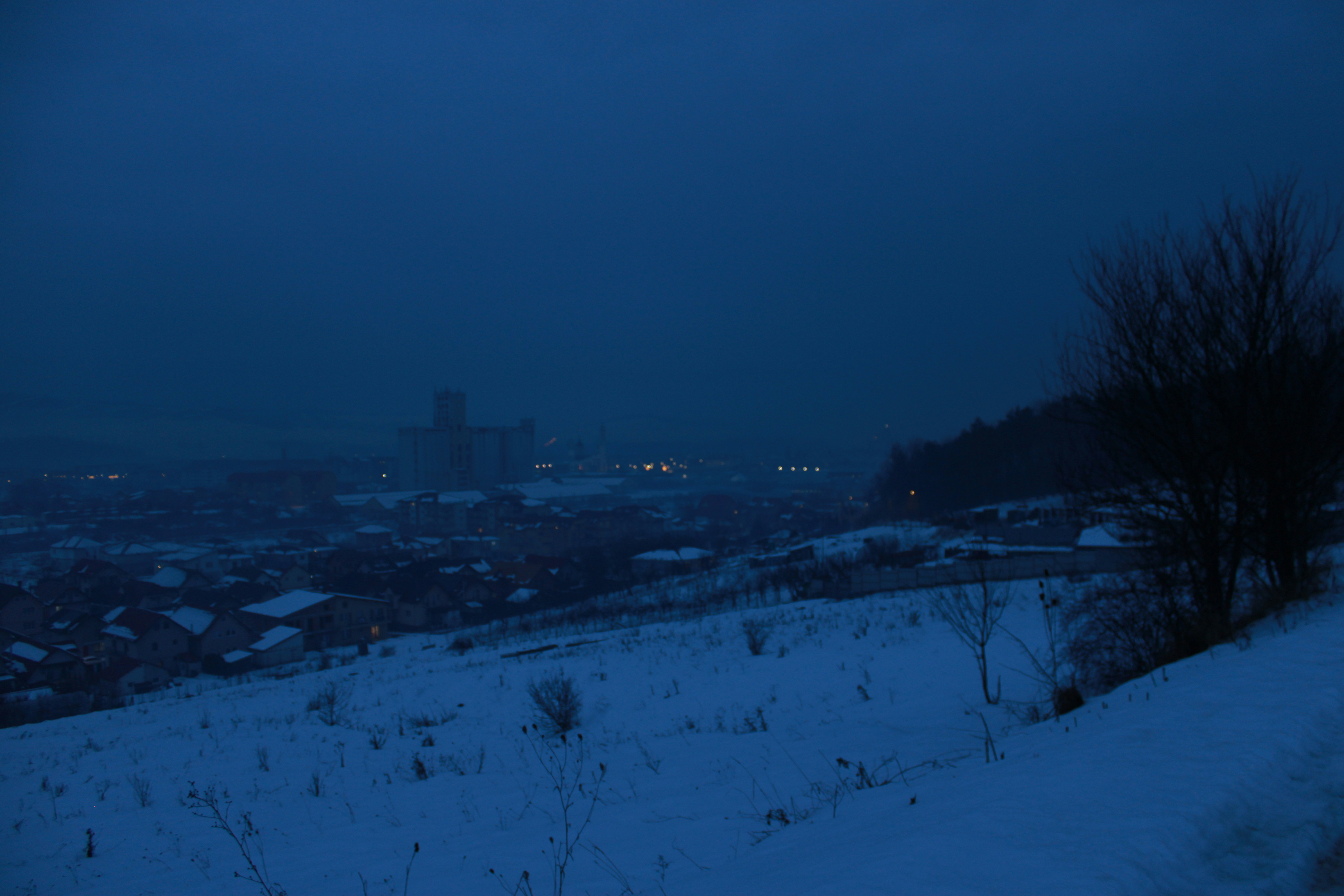 Dusk in a Snowbound Valley: City Lights on a Cold Horizon
