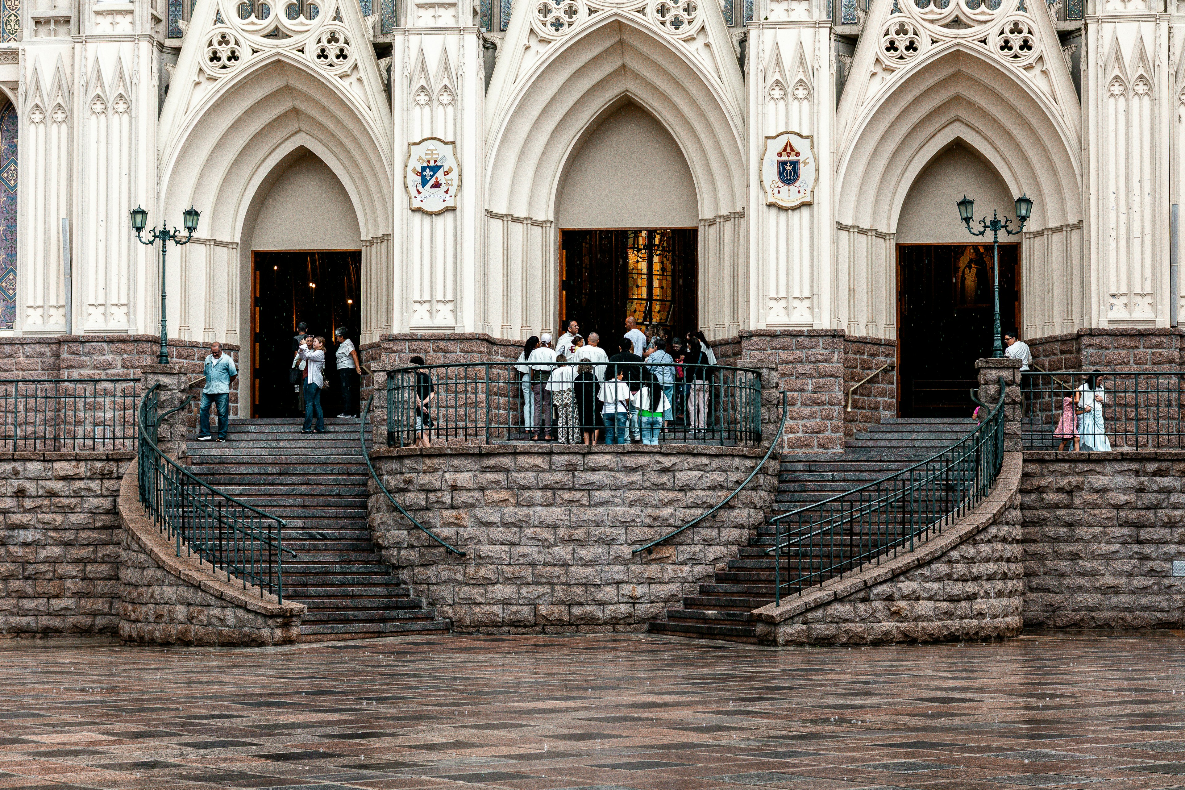 Staircase Gathering at Gothic Facade