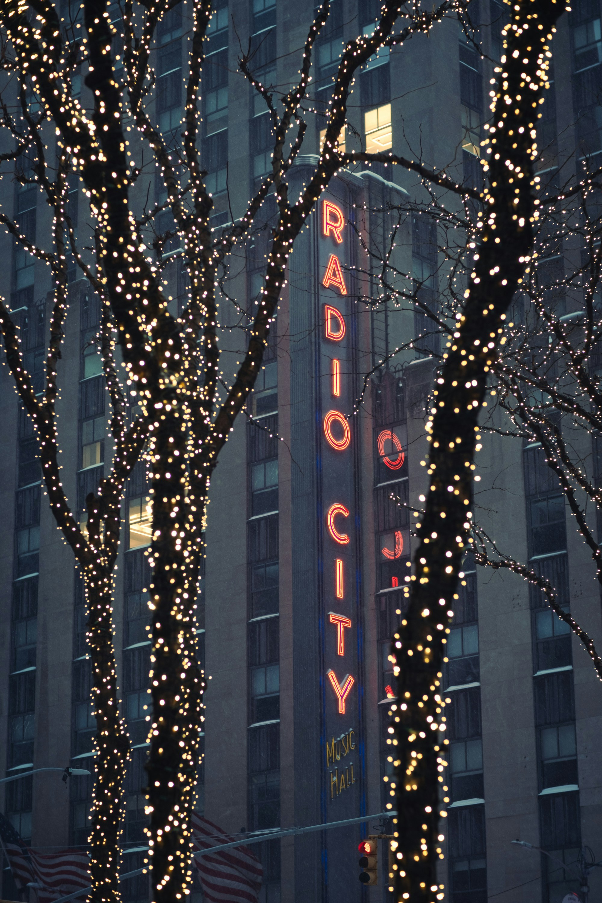 Neon Letters Through Winter Lights: A City Theater Facade