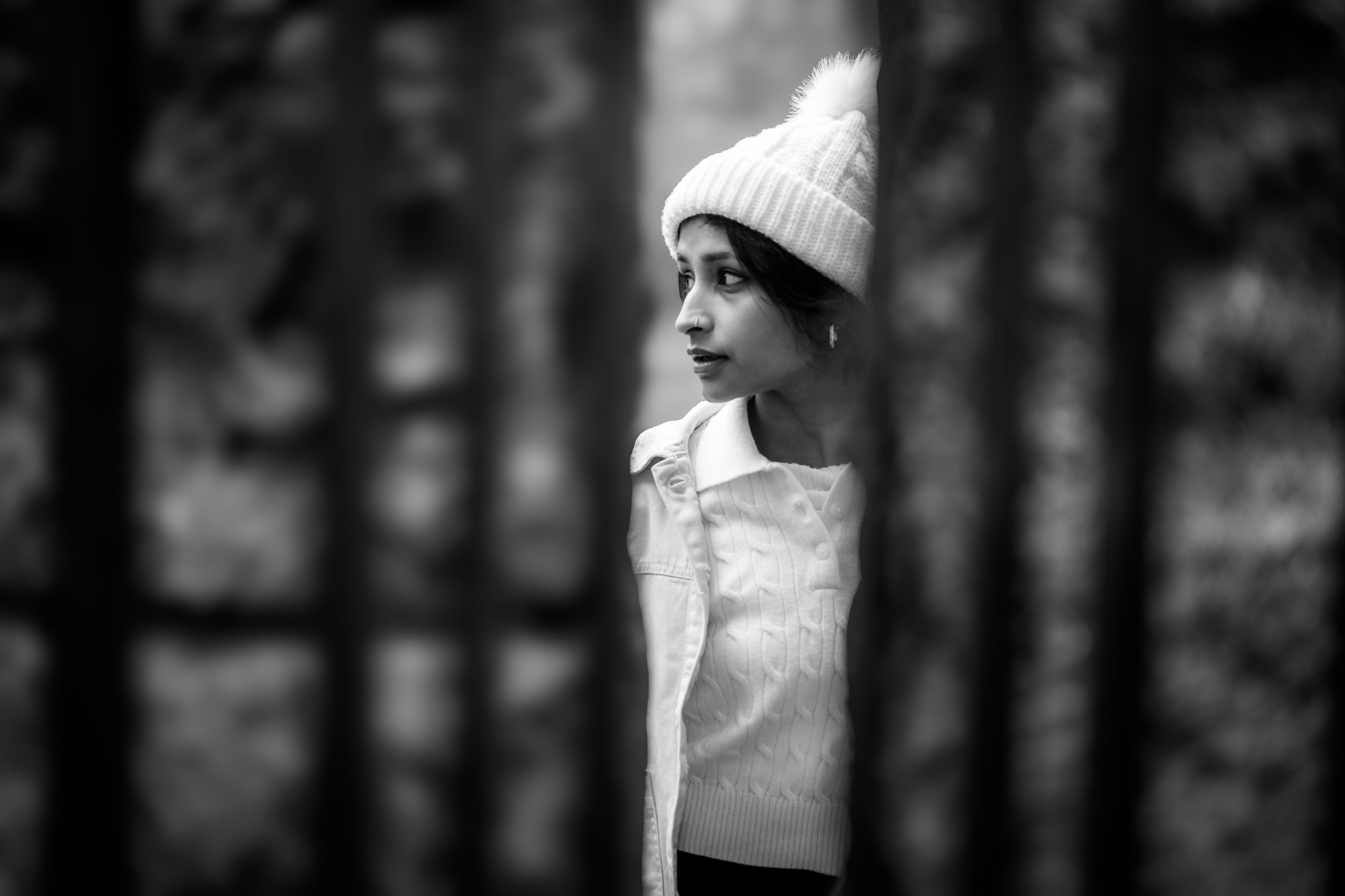 Through the Trees: A Quiet Moment with a Knit Hat and White Collar