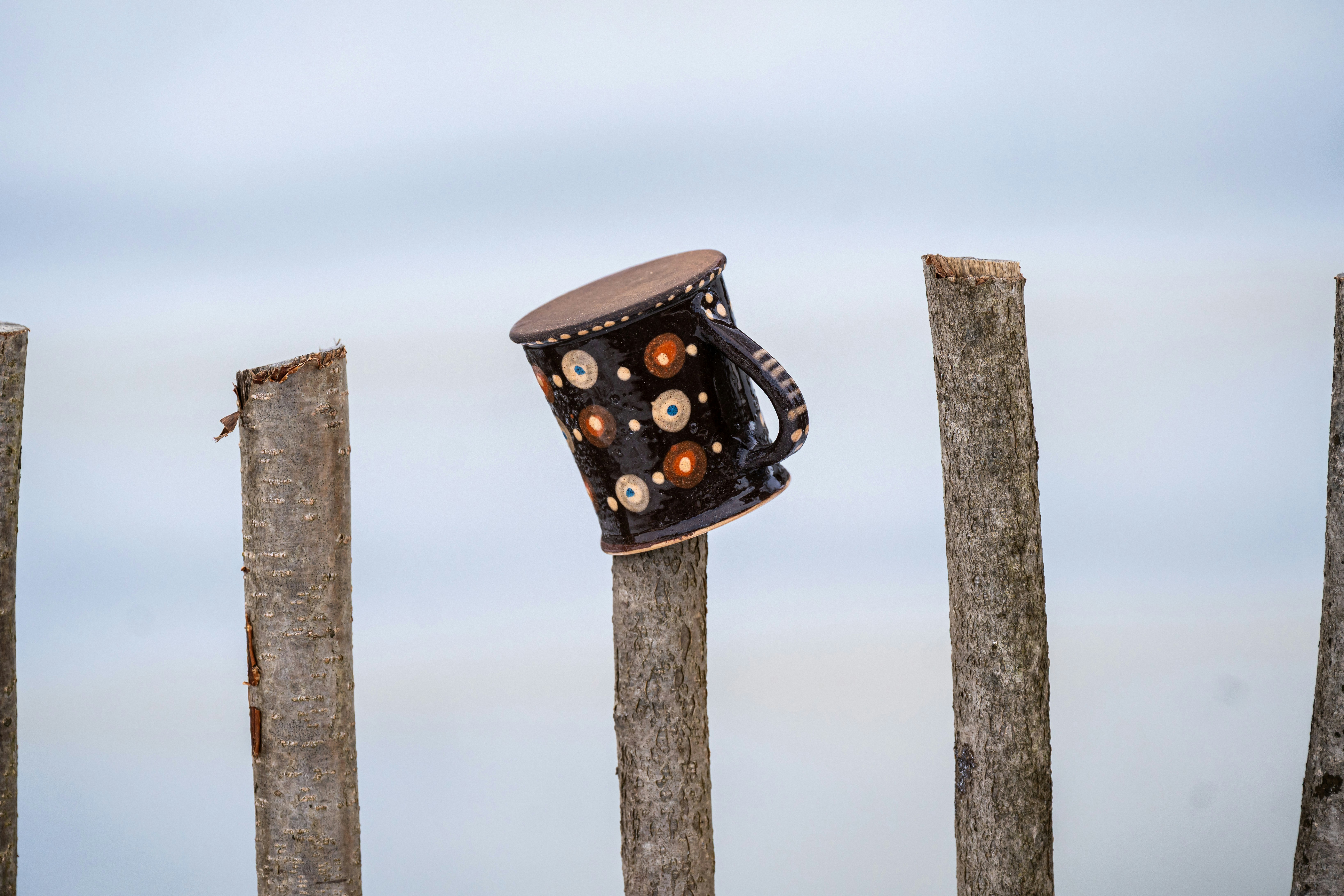 Rusty mug on a weathered fence post against a calm seascape