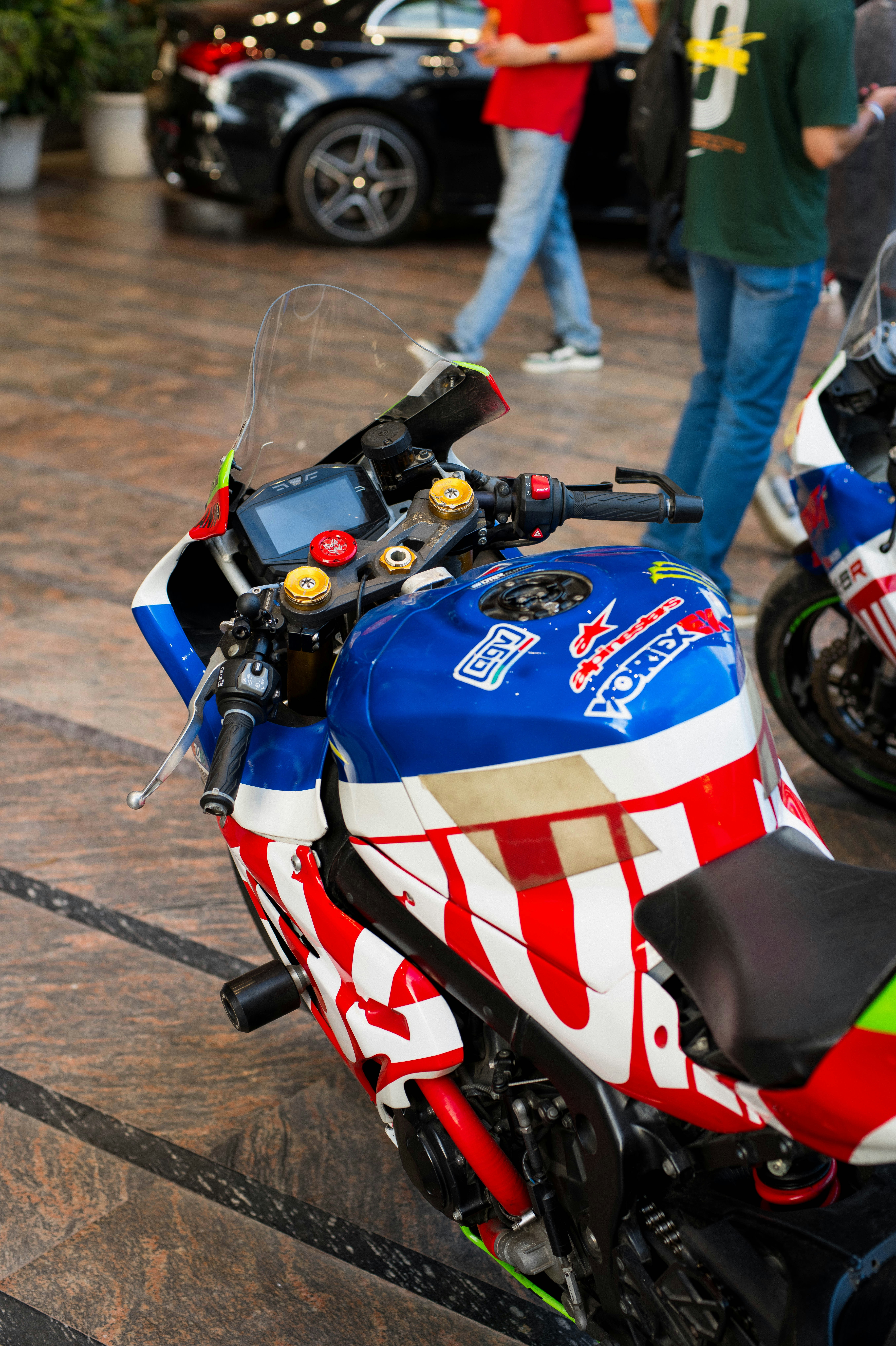A colorful sport motorcycle with racing decals