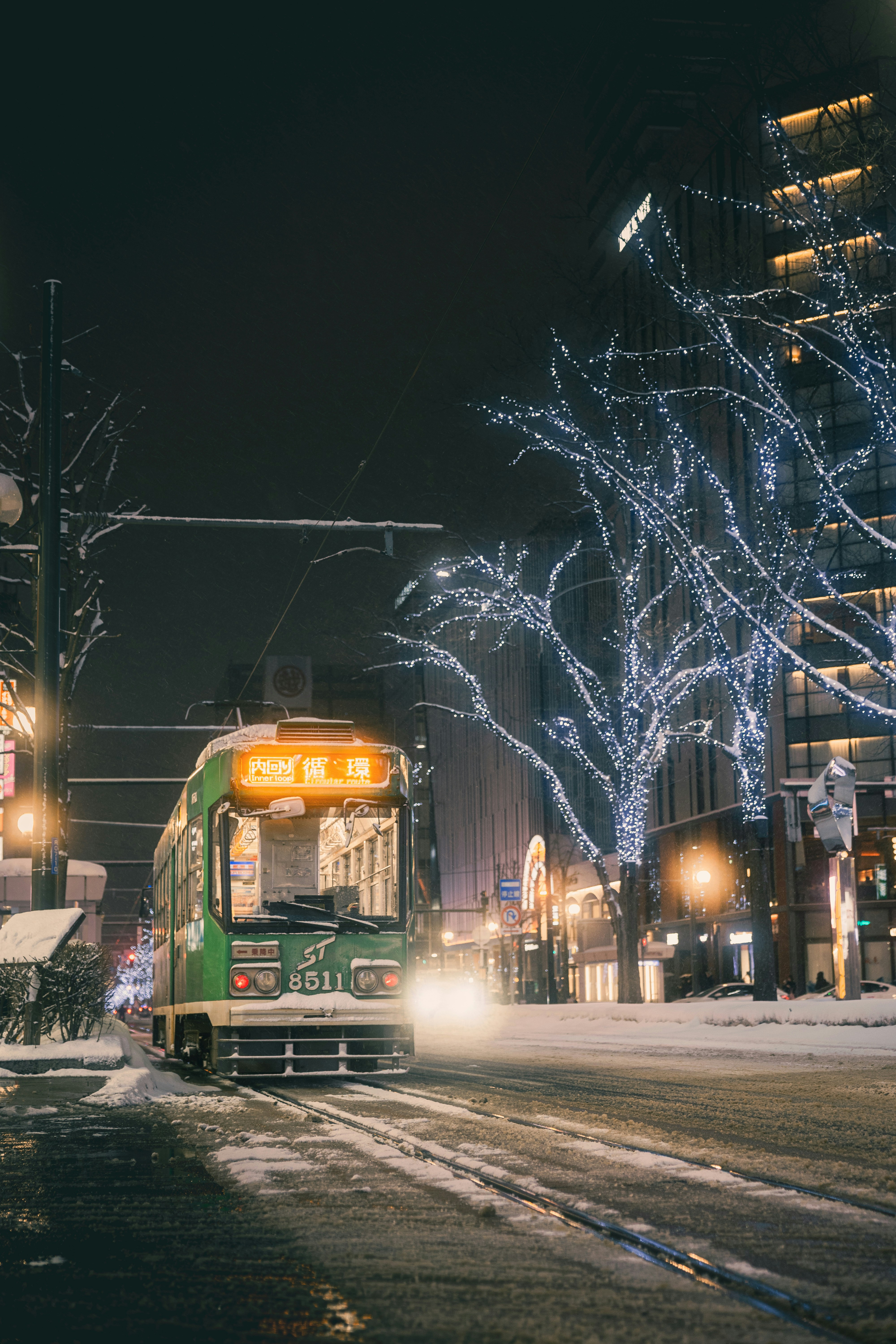 Snow-Cleared Streetcar in Nightlit Winter