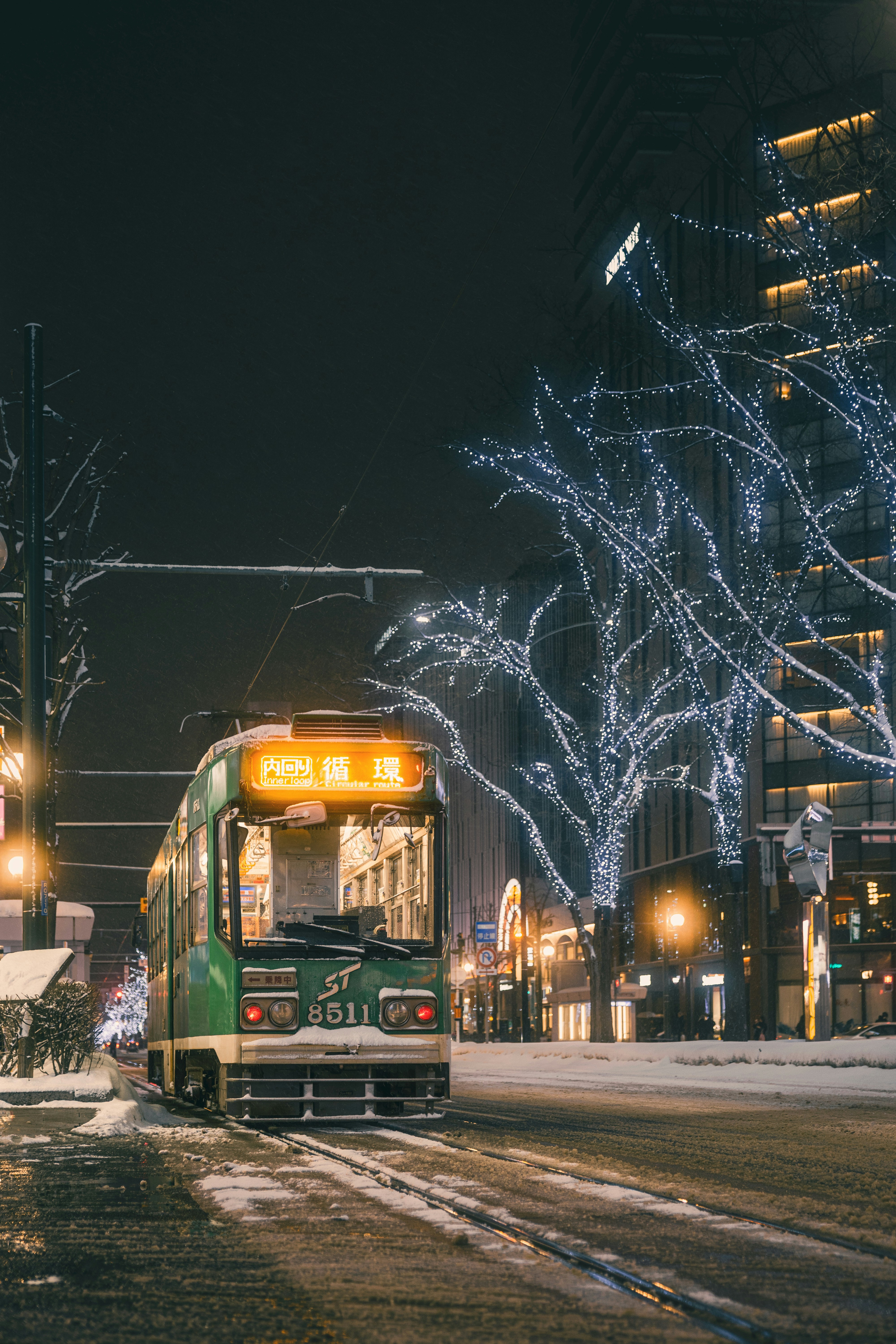 Snowlit tram in a city of twinkling winter branches