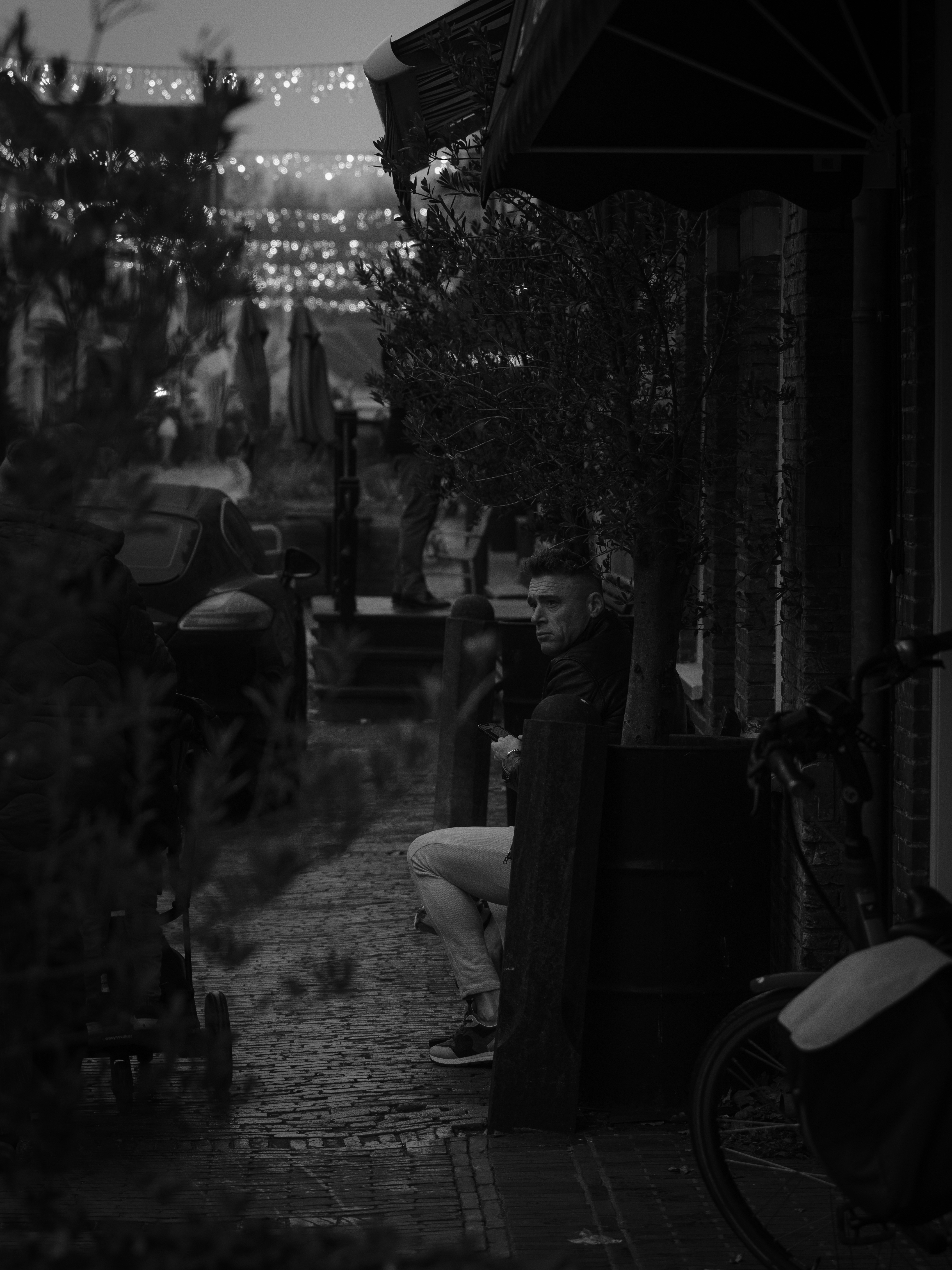 Muted Alleyway Portrait: A Quiet Moment Amid Winter Lights
