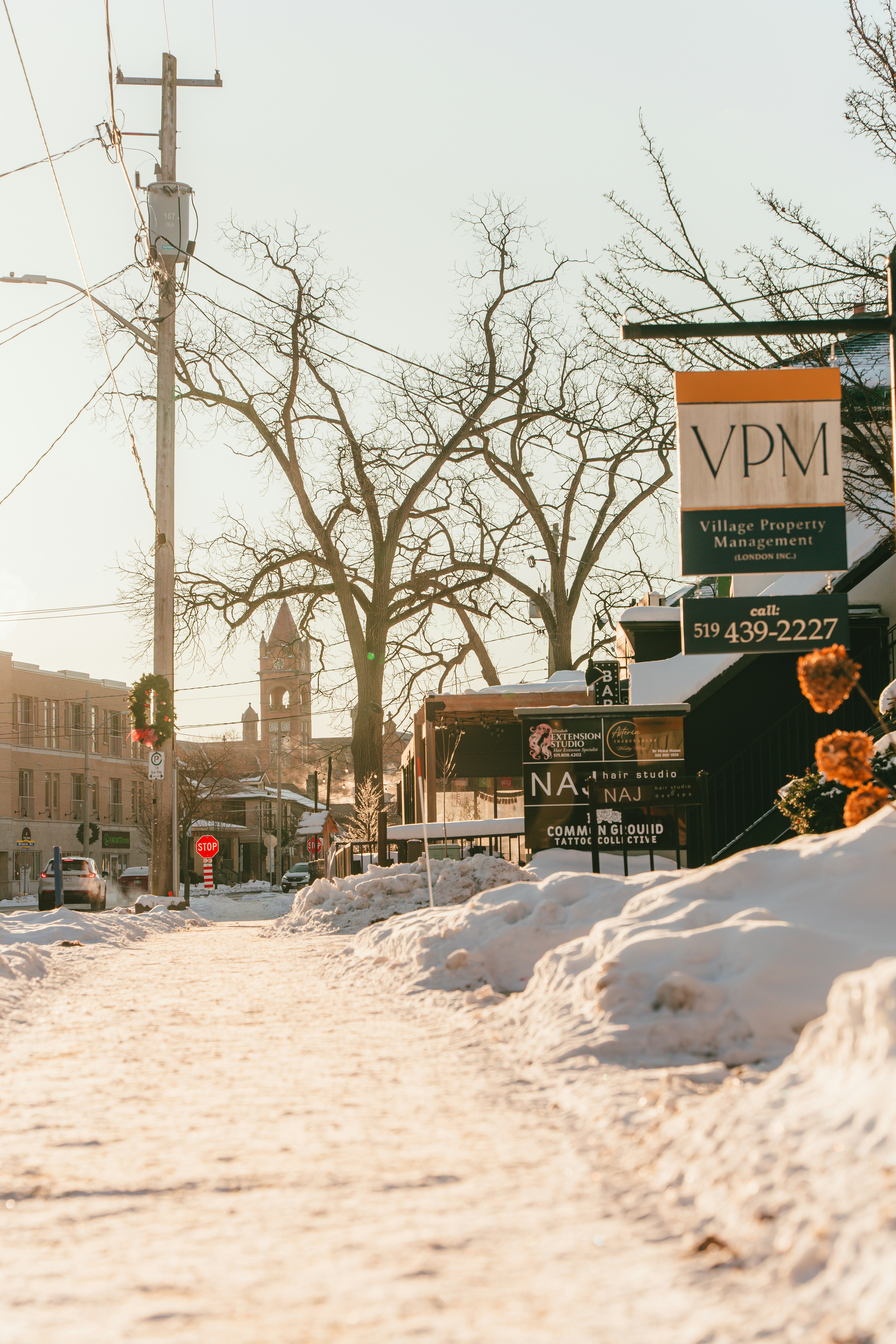Snowbound Main Street Bathes in Golden Hour Glow