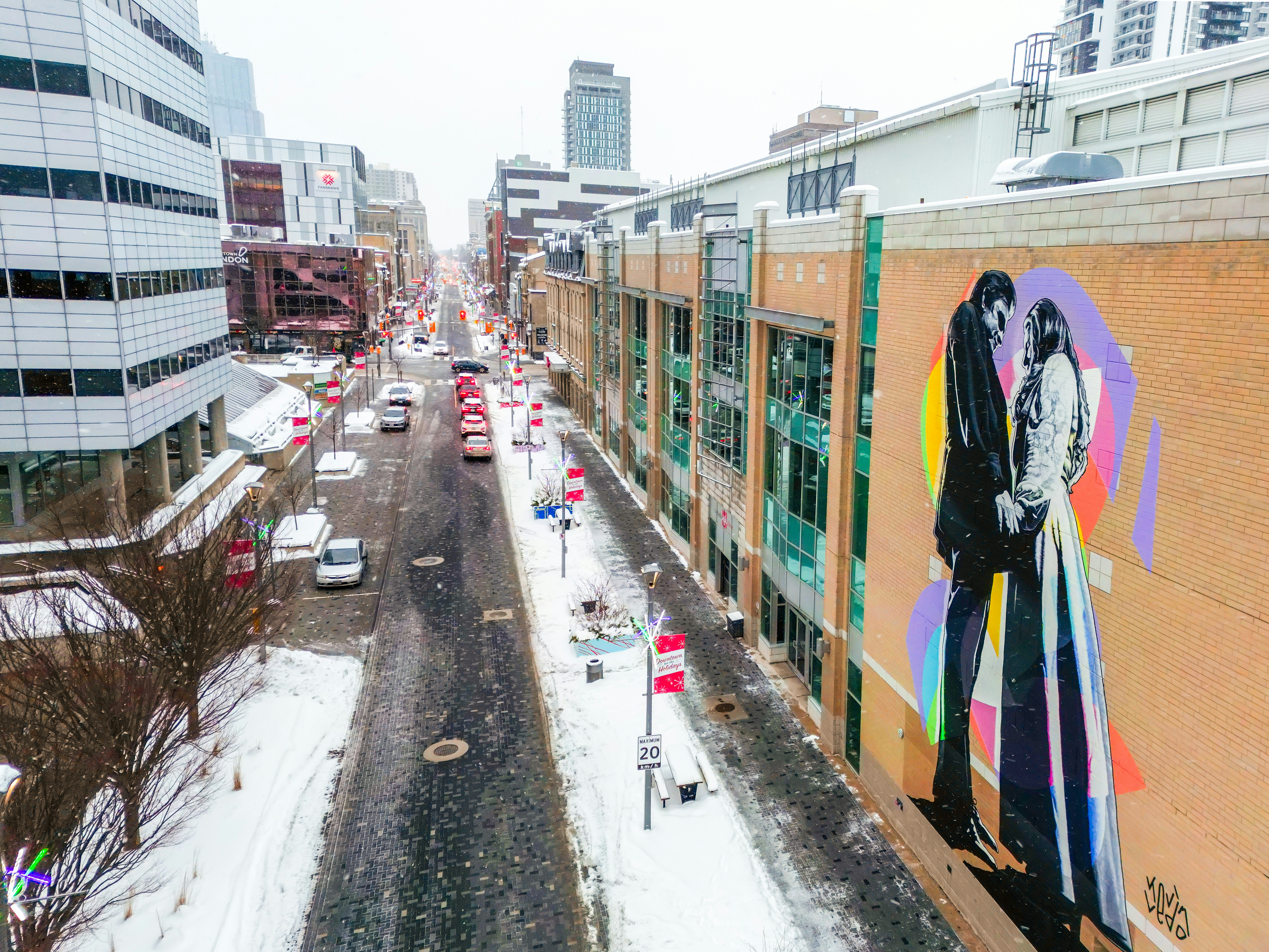 City Street in Snow: Graffiti Wall and Velvety Light