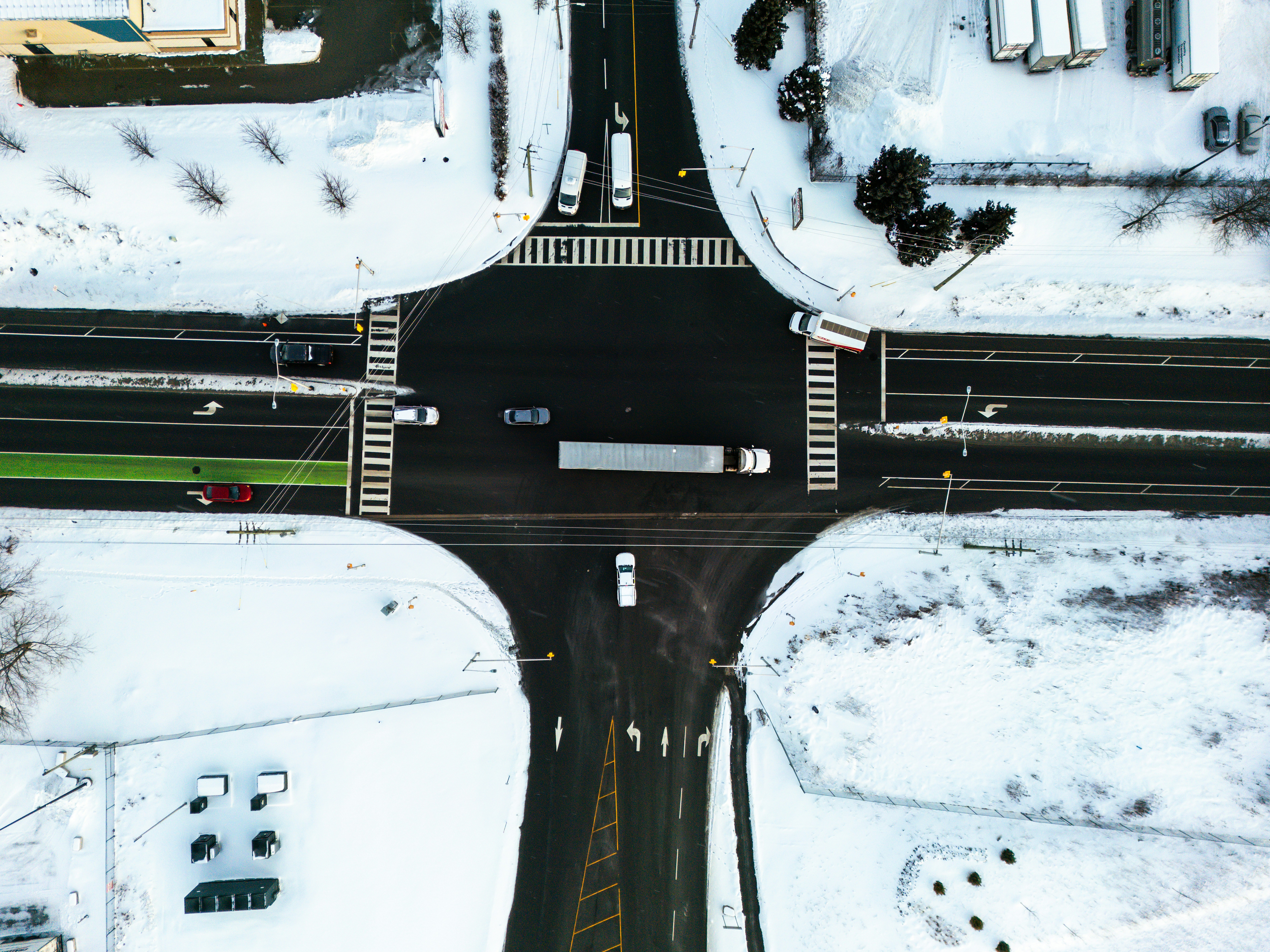 Snow-Covered Intersection: Aerial Crossroads in Winter