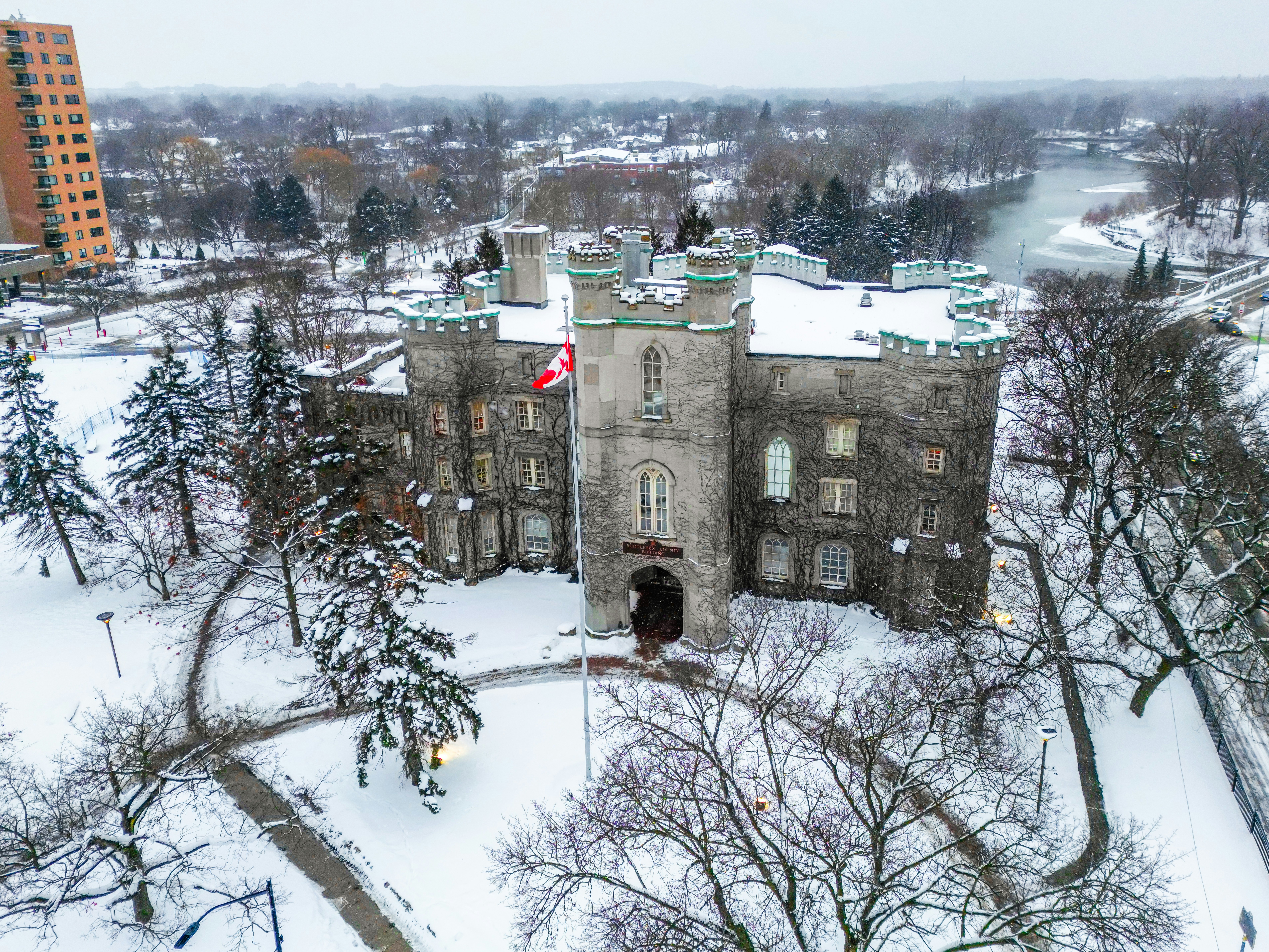 Snow-Crowned Fortress: A Drone’s View Across a Winter Campus