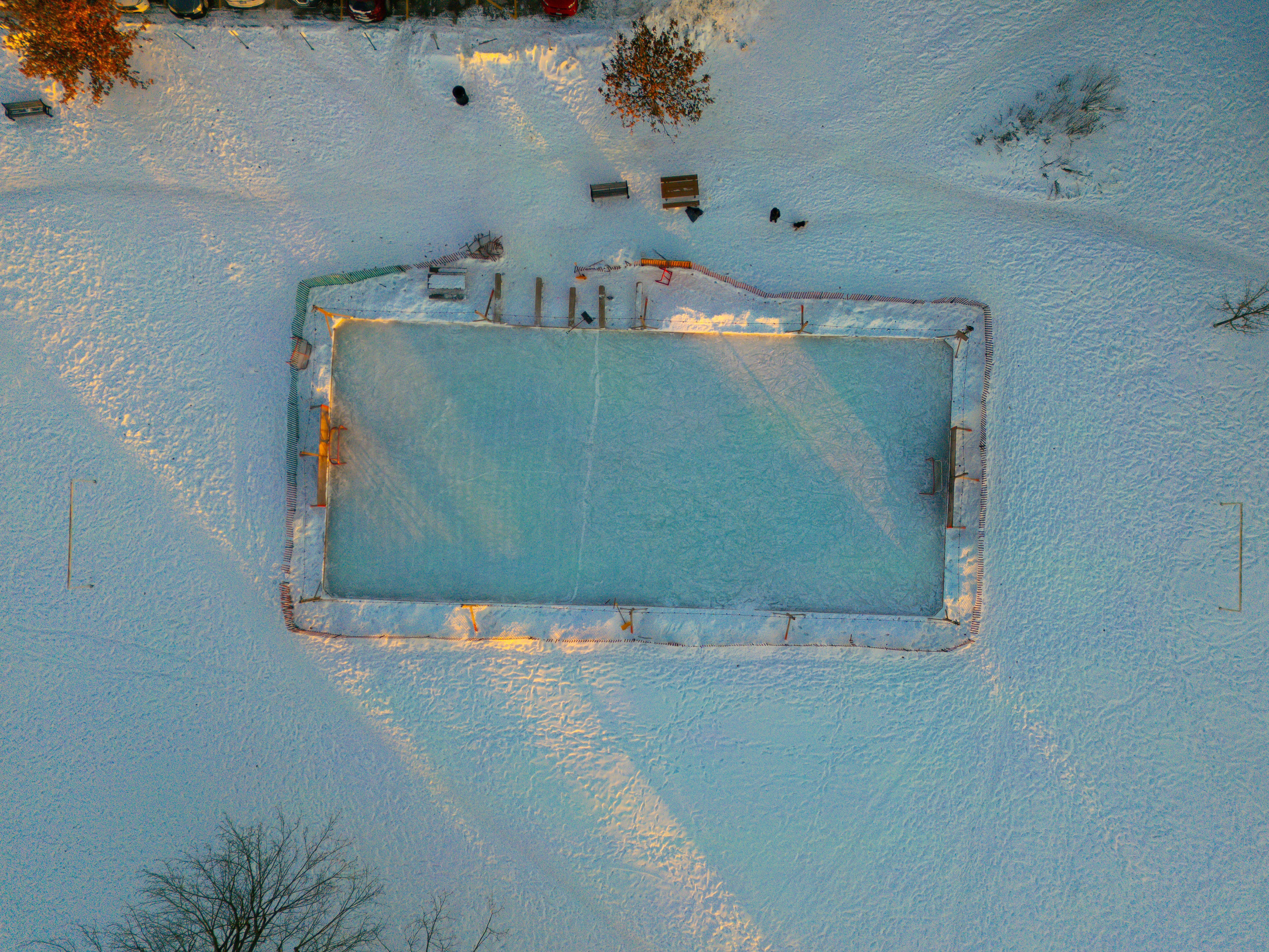 Frozen Rectangular Oasis: Aerial View of a Snow-Cilled Pool