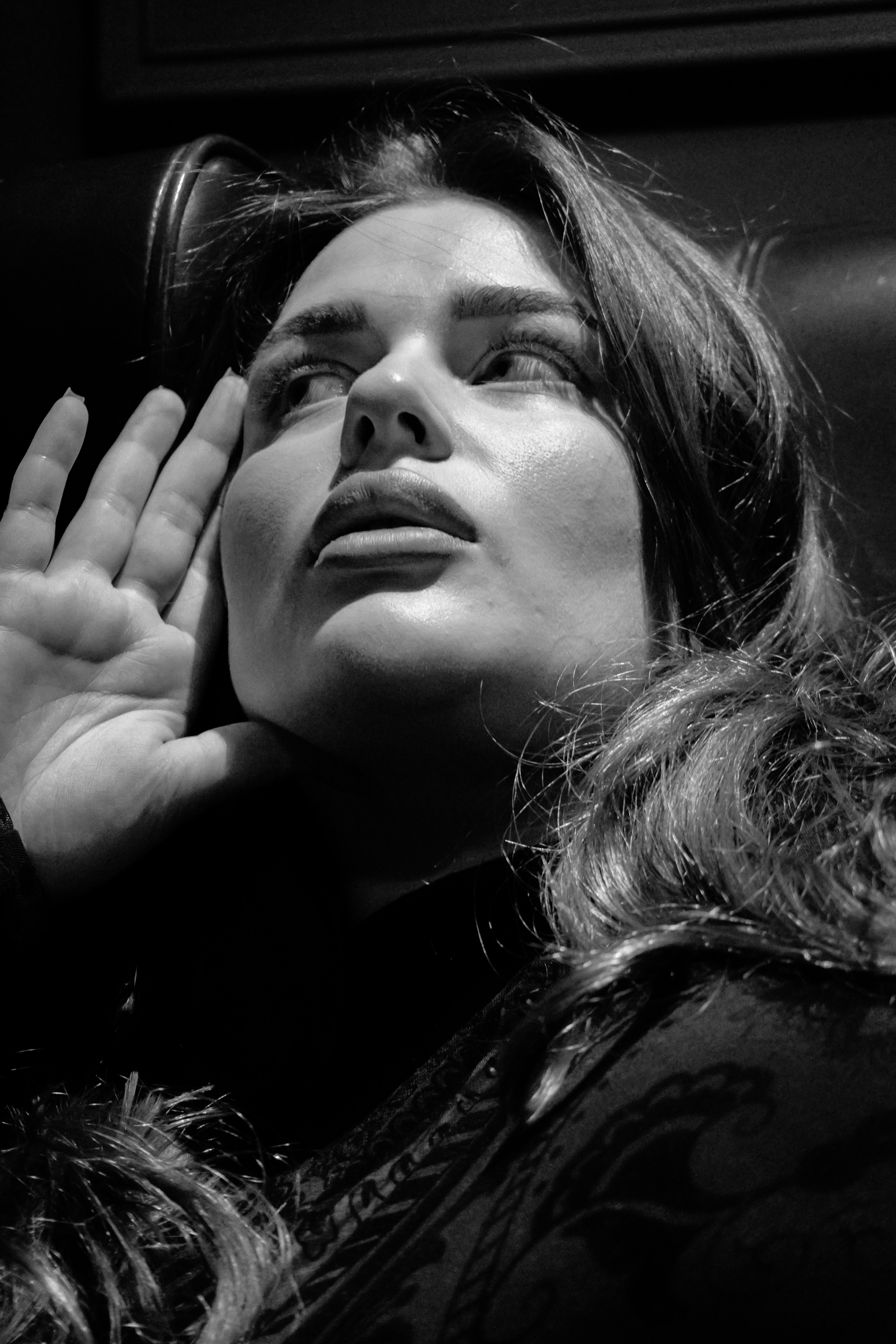 Upturned gaze: a dramatic close-up in monochrome