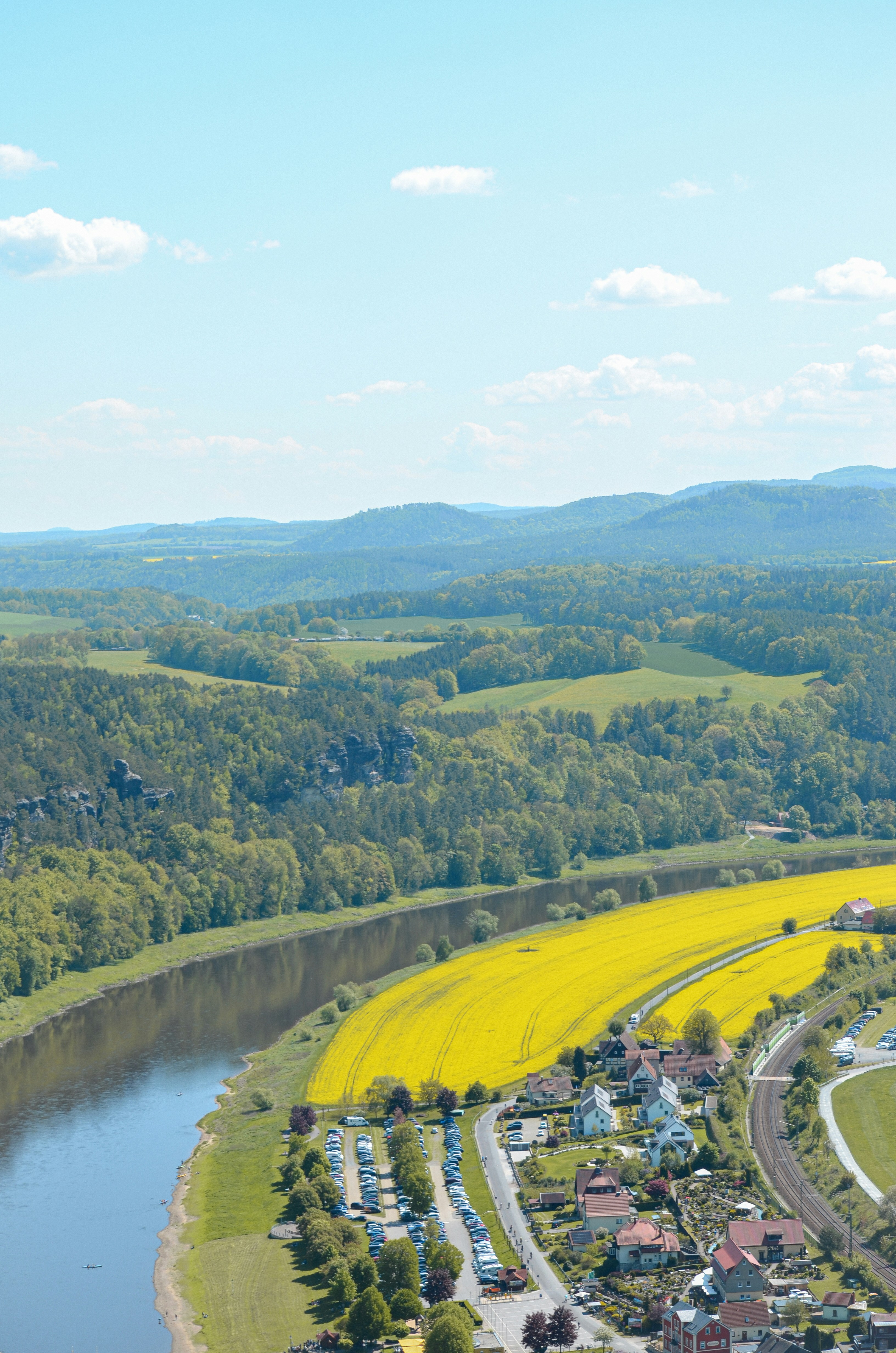 Gold Ribbon Fields Framing a Quiet River Bend