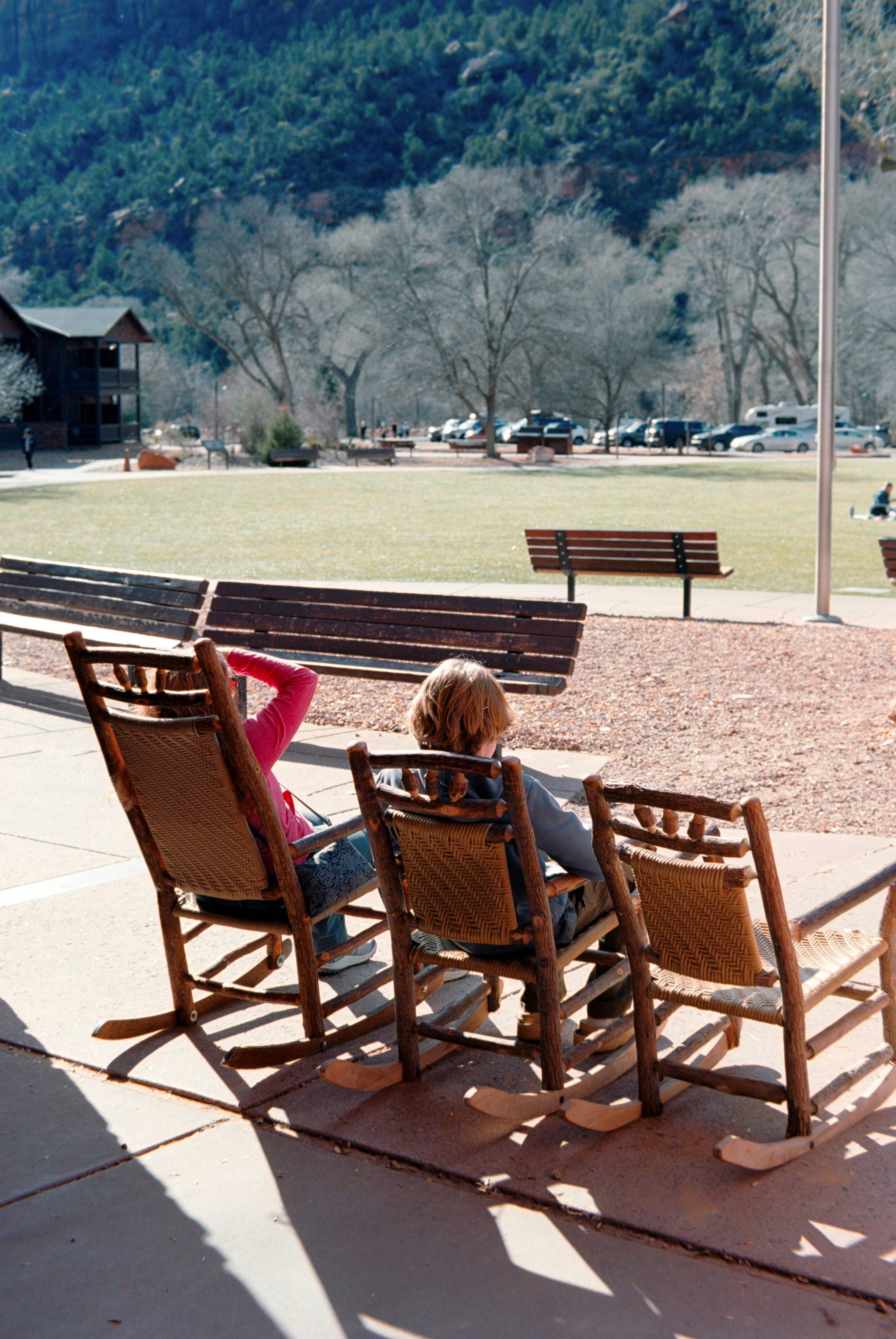 Quiet Afternoon on Wooden Benches: Two Friends in a Park