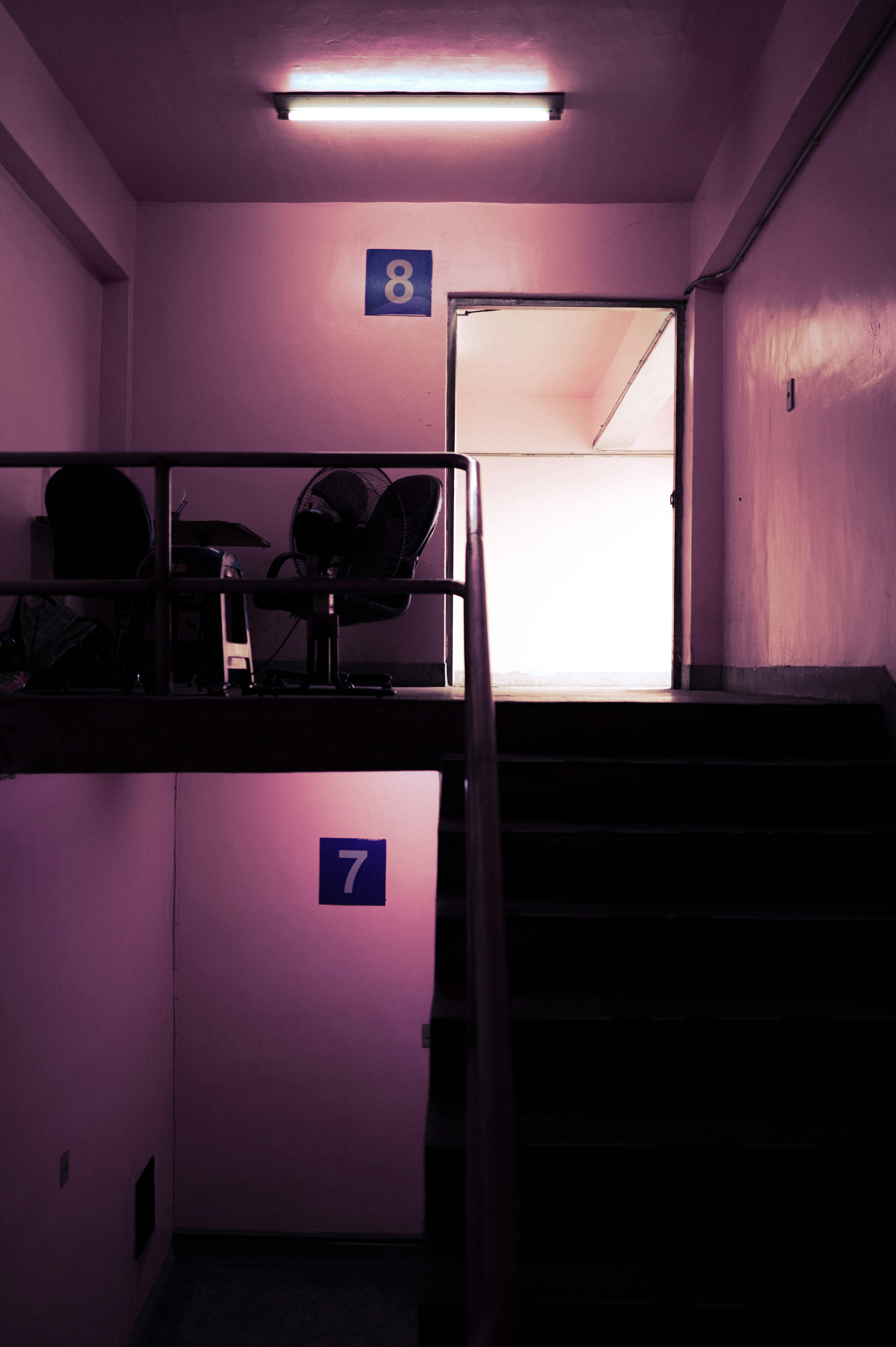 Doorway to Light: Stairwell Ascend in Purple Hue