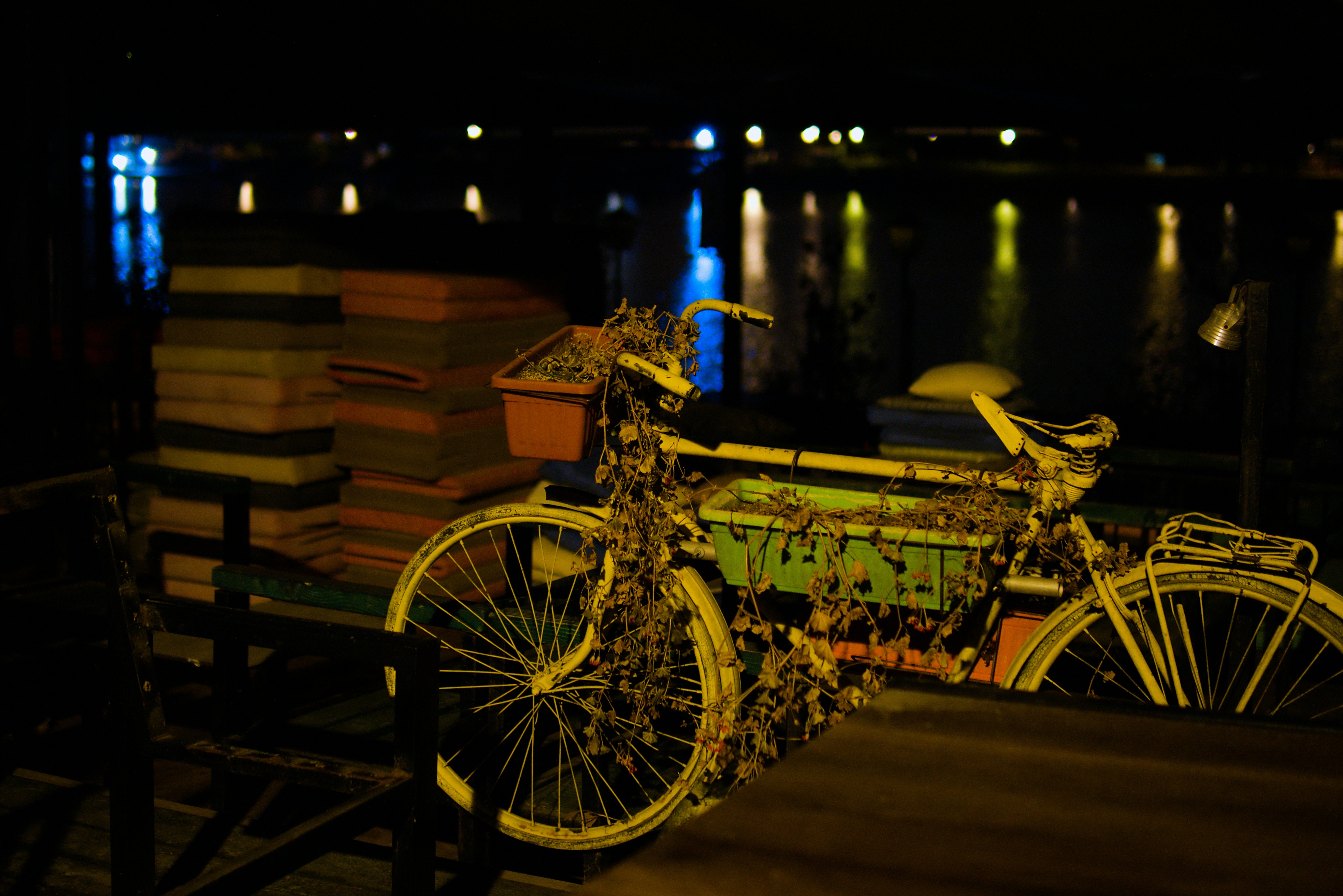 Night Marina Ride: A Gilded Bicycle Among Stacks by the Water