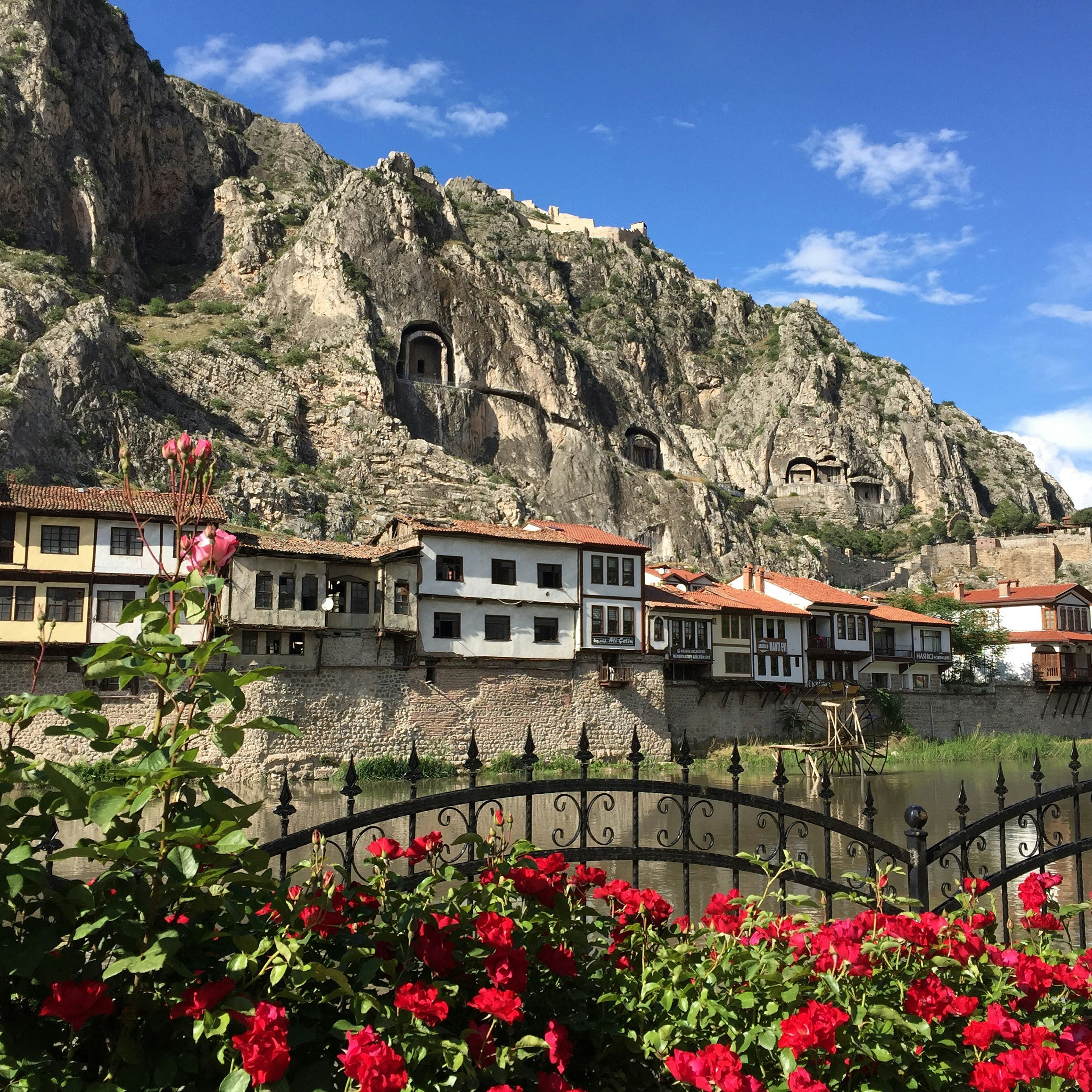 Riverside Village Laden with Red Blooms Against Cliffside Fortifications