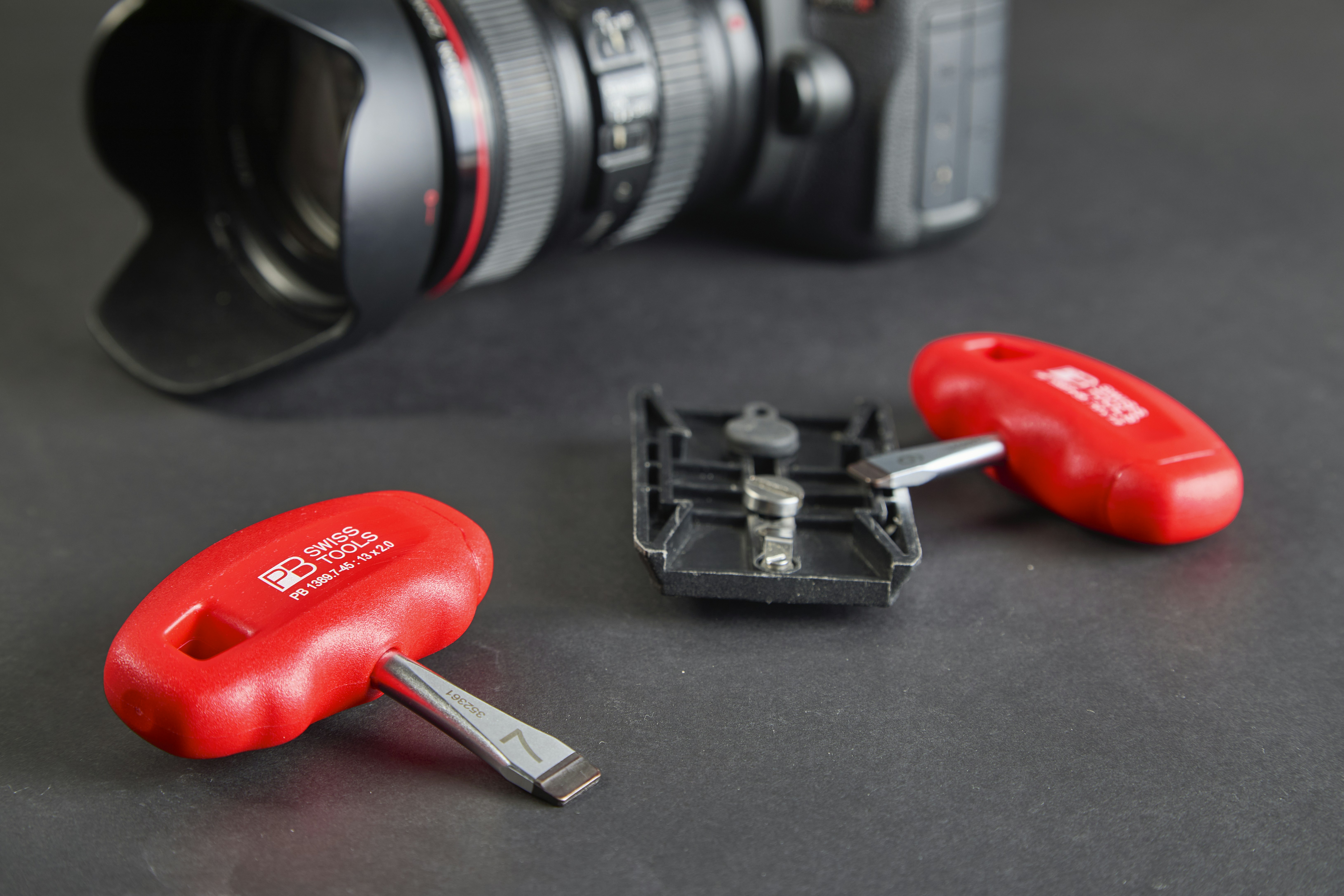 Caps and Camera: Red Handles and a Lens in Focus
