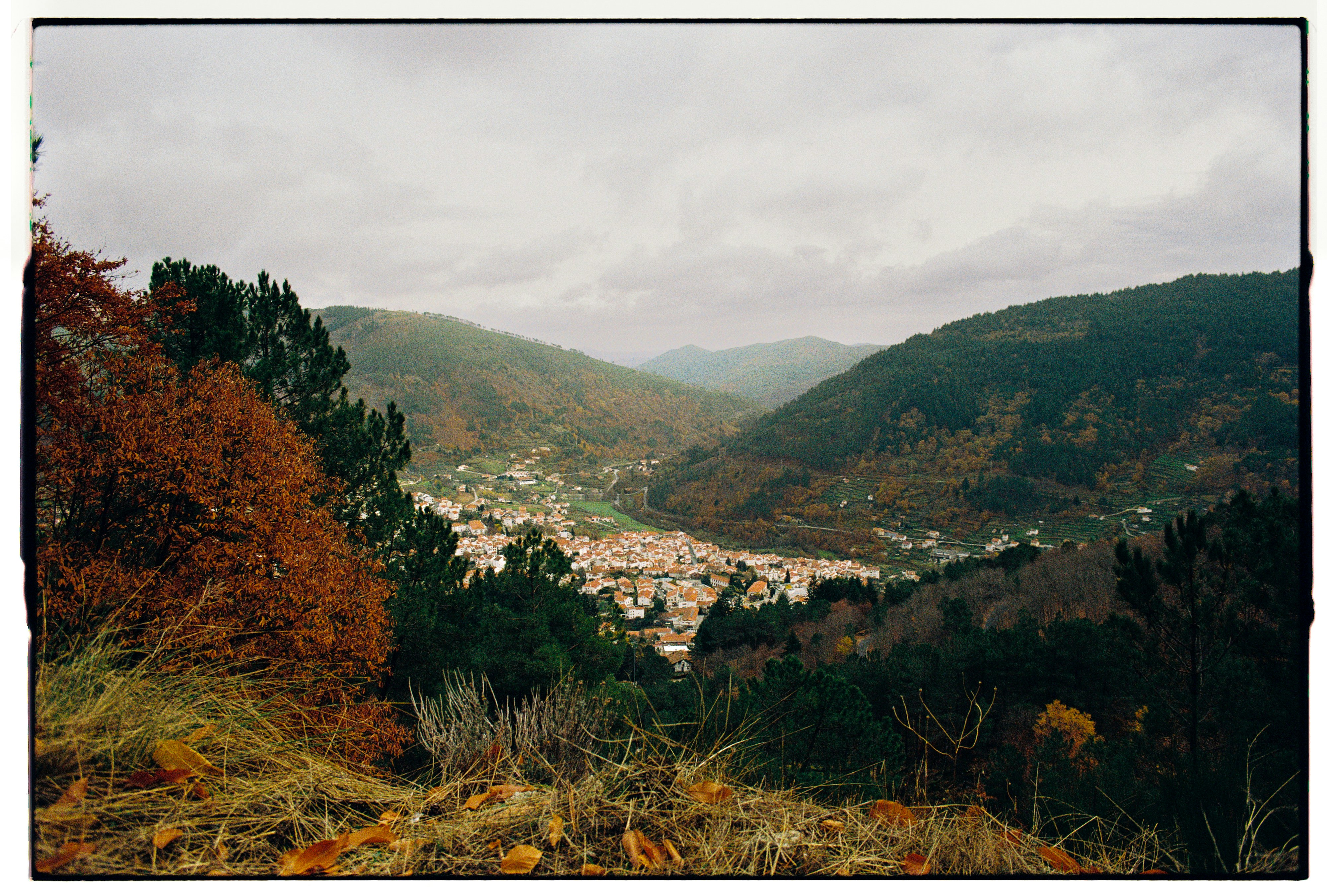Autumn Valley Village Nestled in Dusk-Soft Hills
