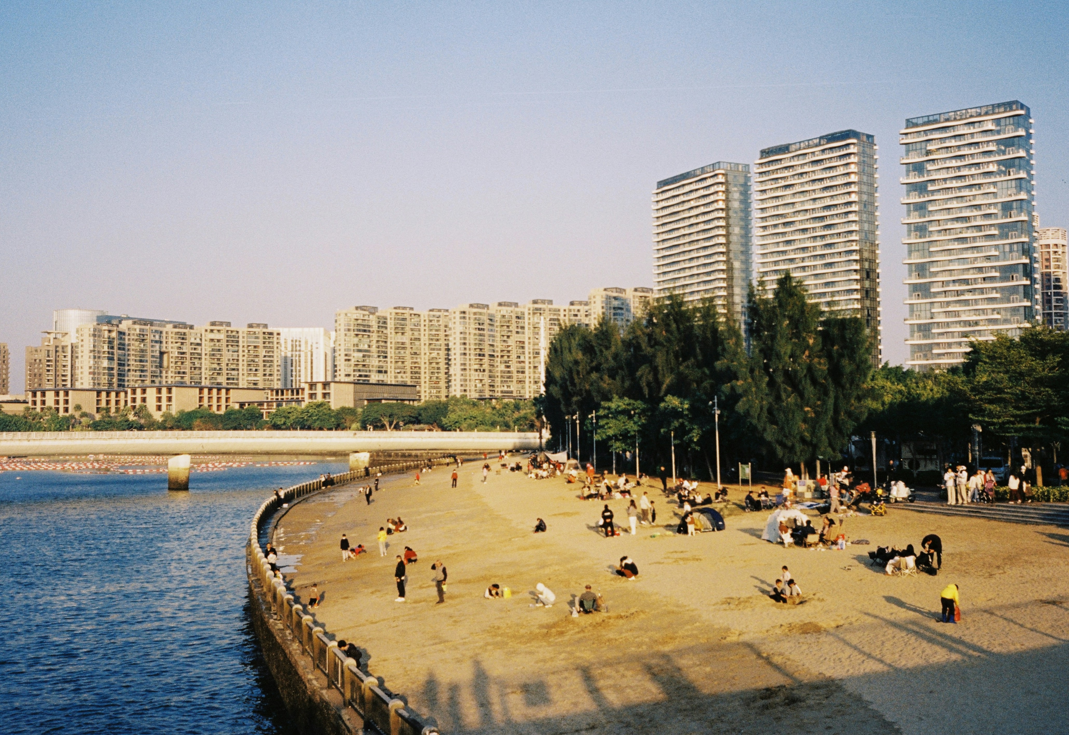 Urban Beachfront: Sunlit Sand and Skyscrapers Above a Bustling Shoreline