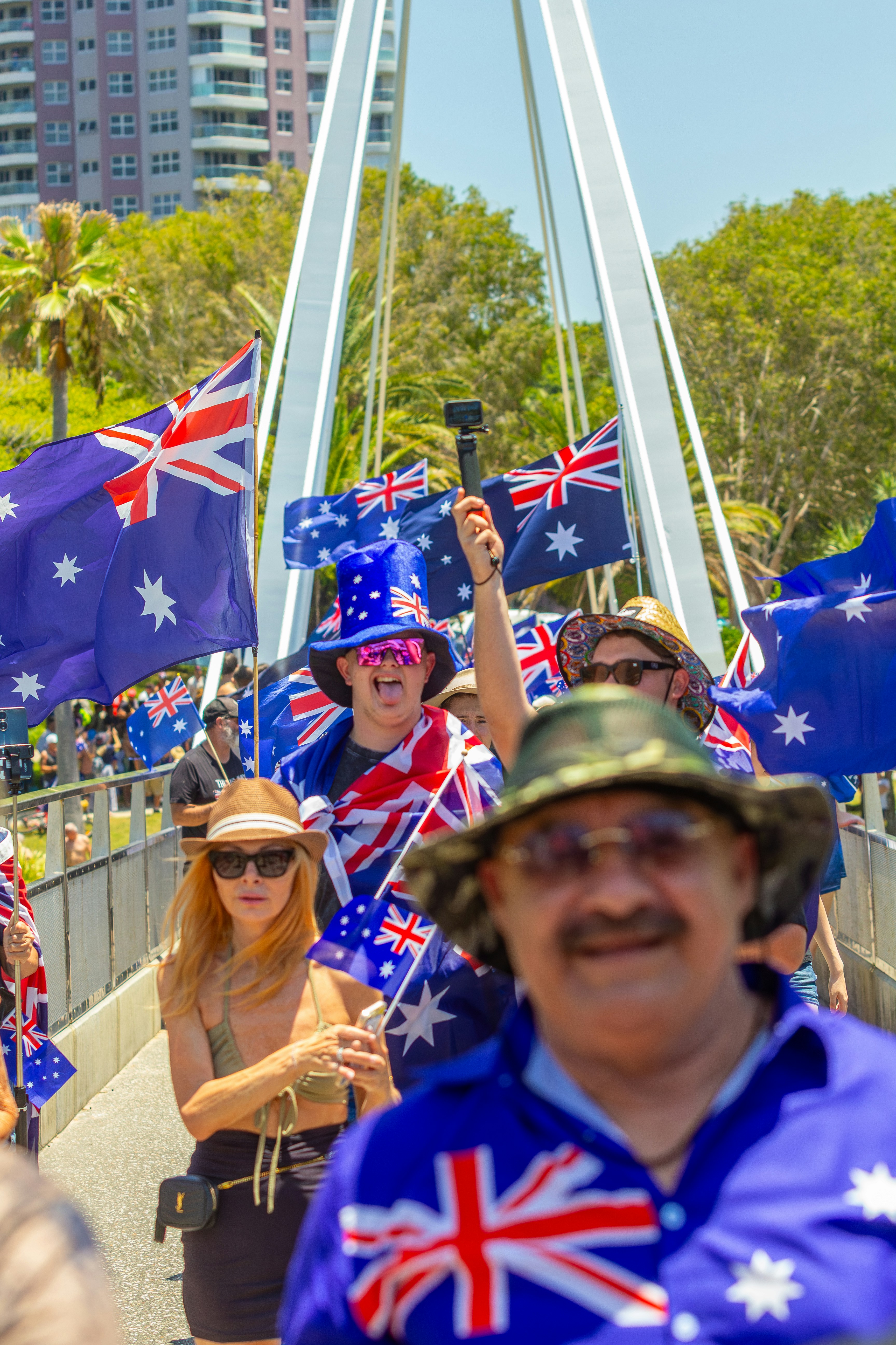 Parade of Union Flags on a Sunny City Bridge